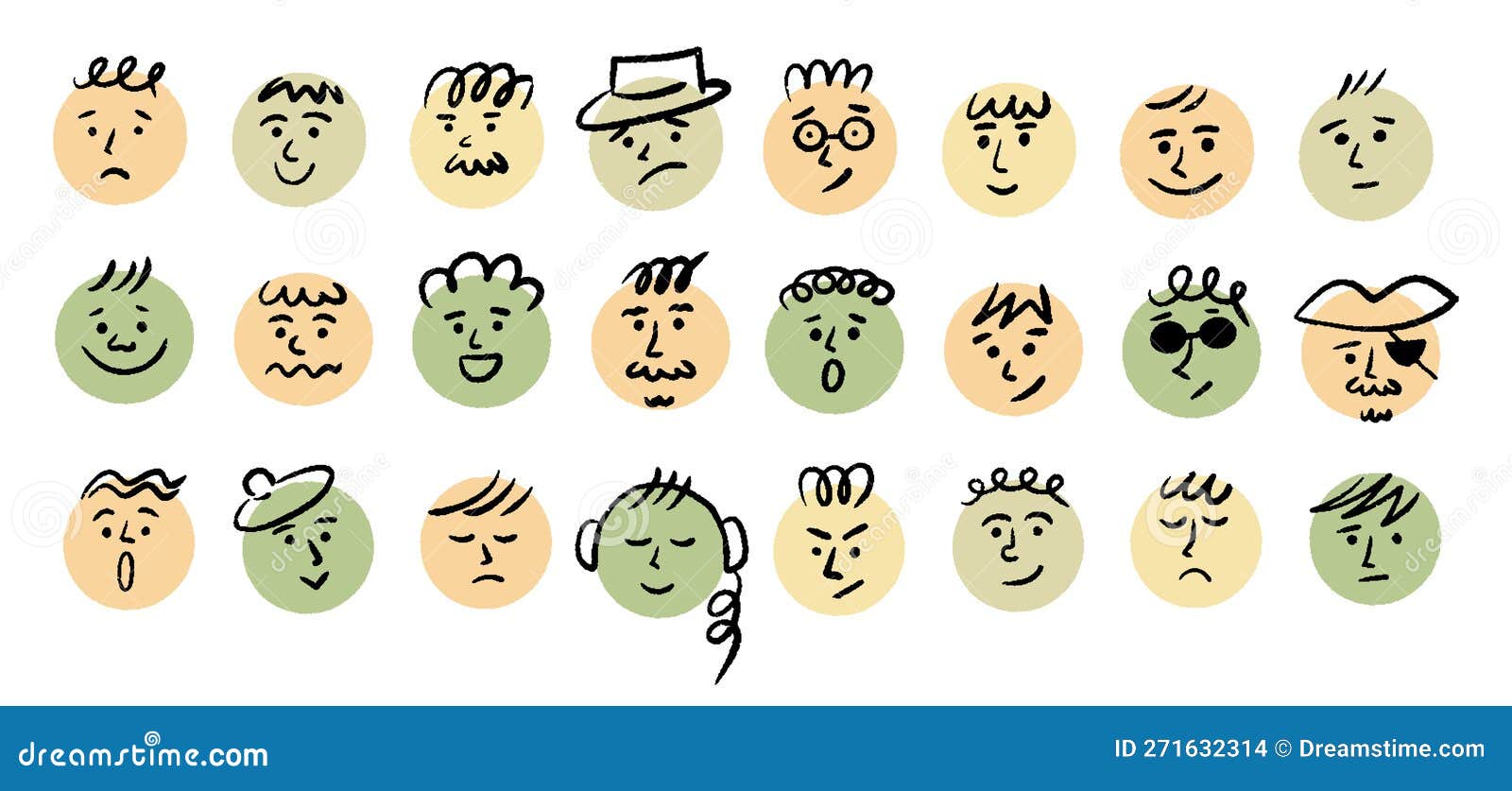 Round Colored Simple Faces with Various Emotions. Cartoon Style Stock ...