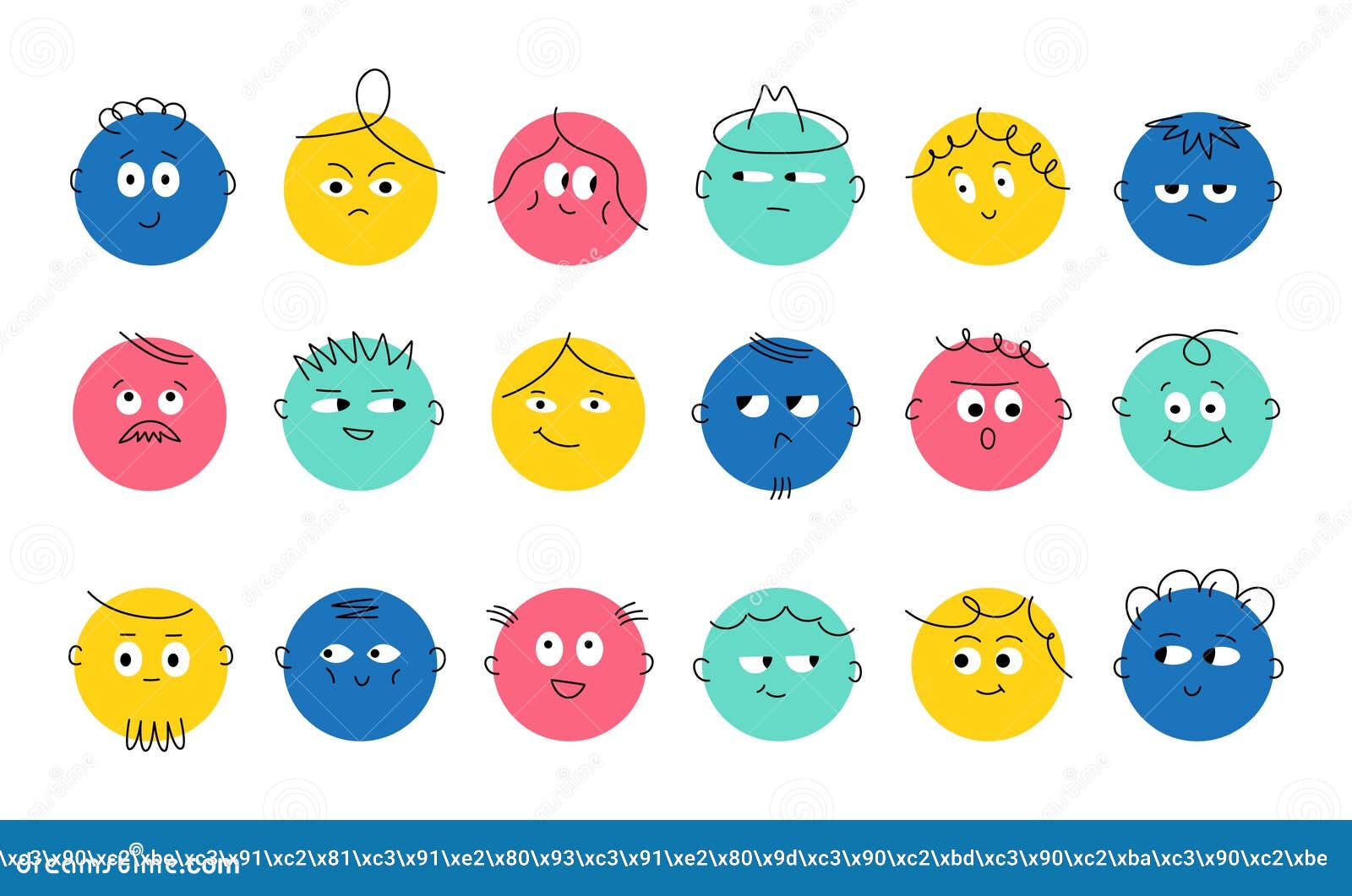 Round Comic Abstract Faces. Geometric Elements, Colorful Characters ...