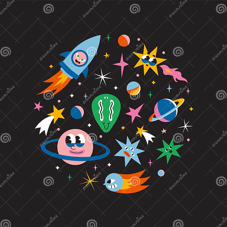 Round Composition with Cute Outer Space Elements. Cosmic Bundle with ...