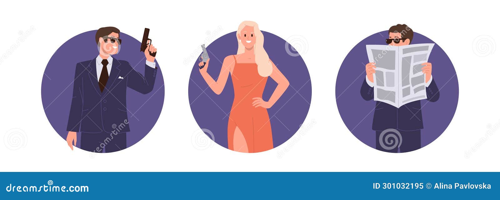 Round Composition Set with Secret Agent Characters Wearing Elegant ...
