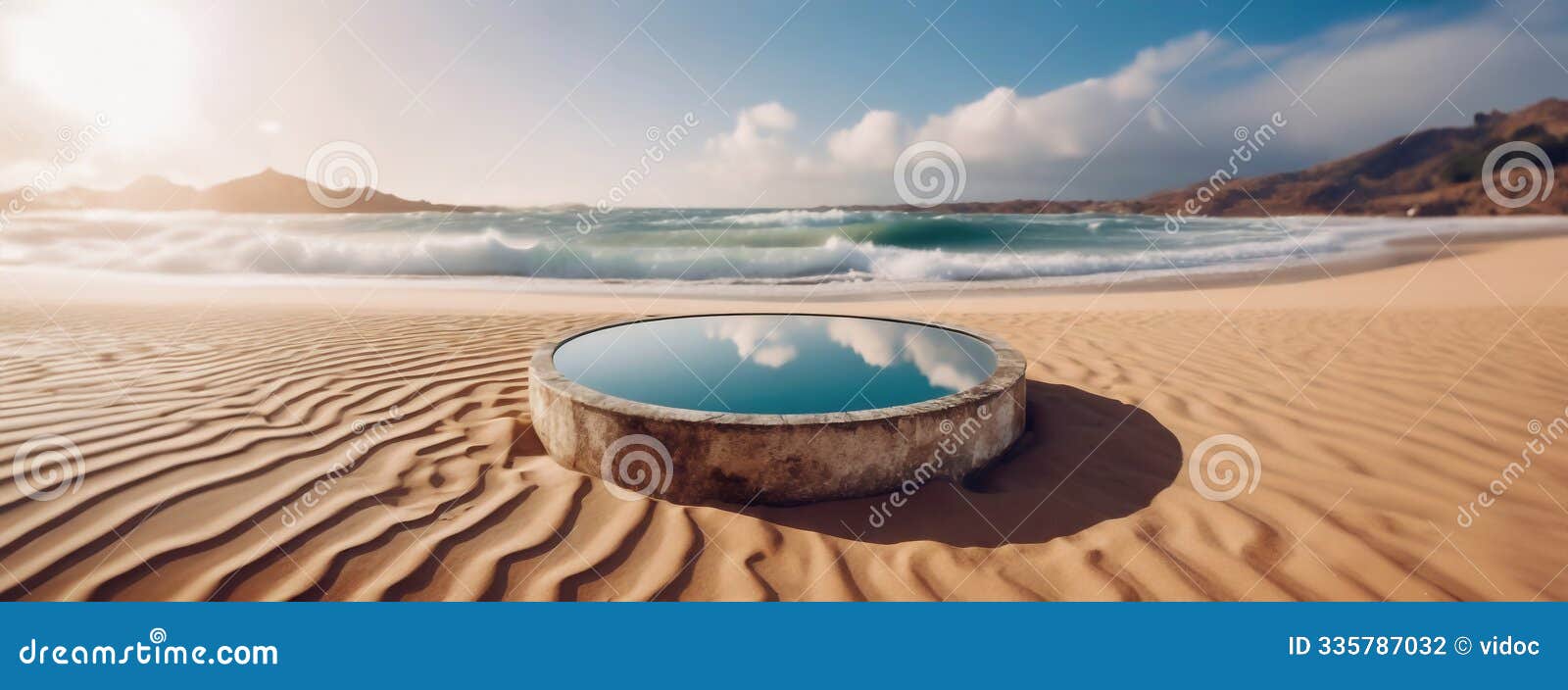 Round Concrete Platform on a Sandy Beach with Ocean Waves in the ...