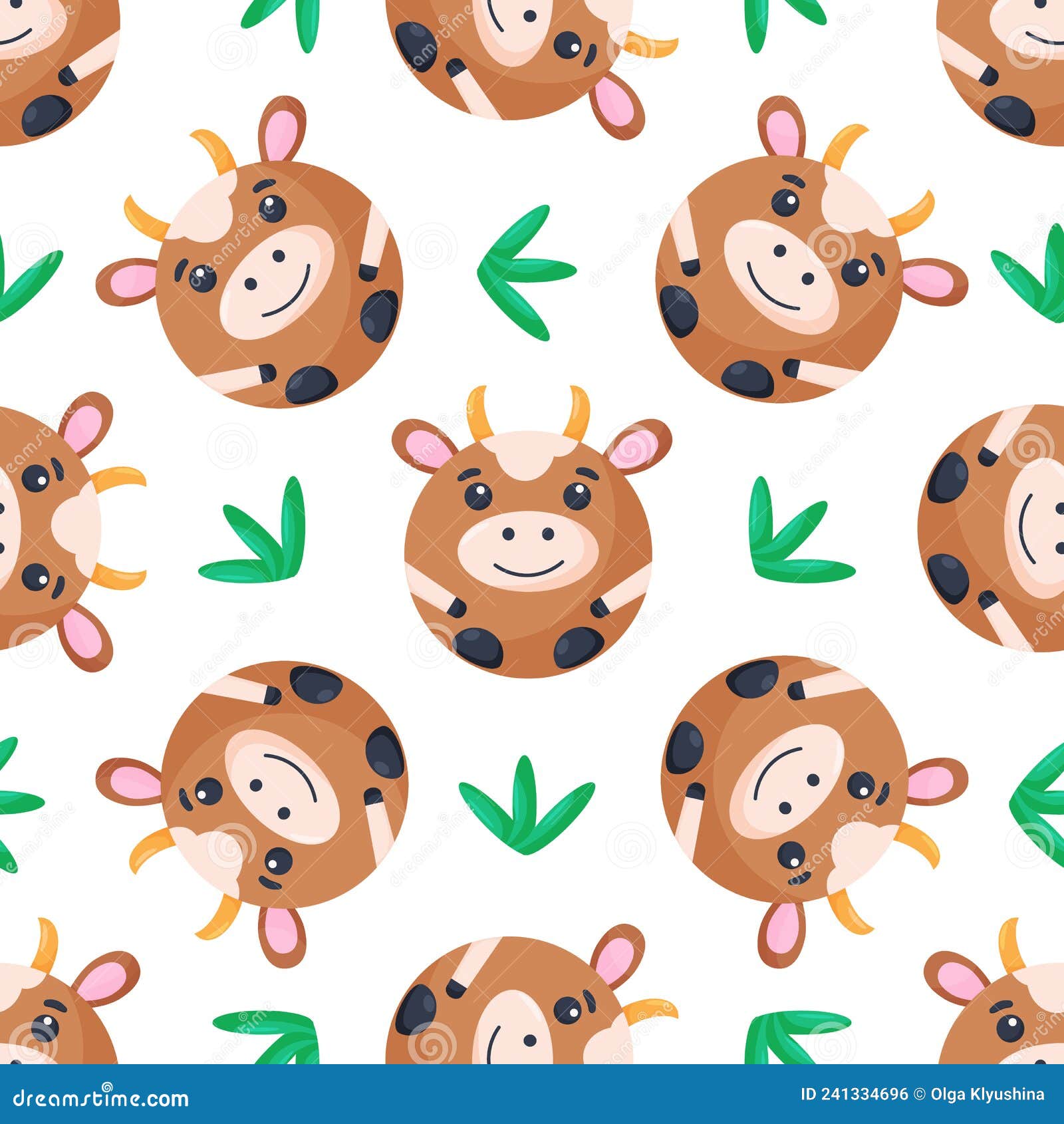 Round Cow Seamless Pattern. Vector Background with the Faces of Cow ...