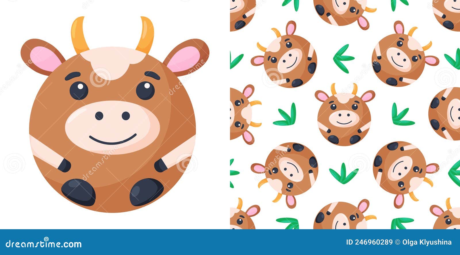 Round Cow Seamless Pattern. Vector Background with the Faces of Cow ...