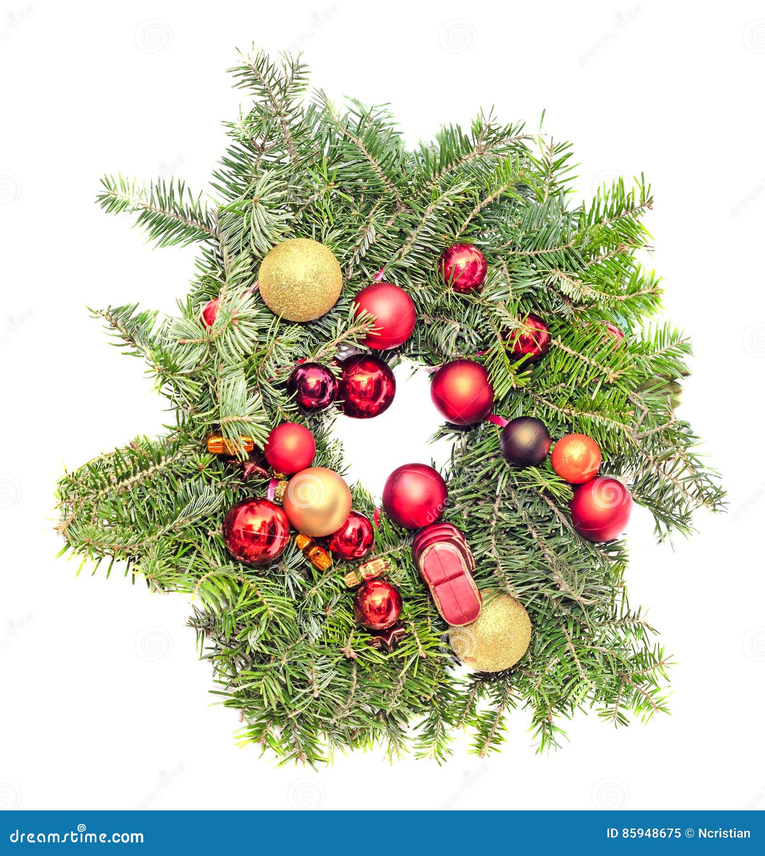 Round Crown Christmas Pine Tree with Globe Ornaments Close Up Stock ...