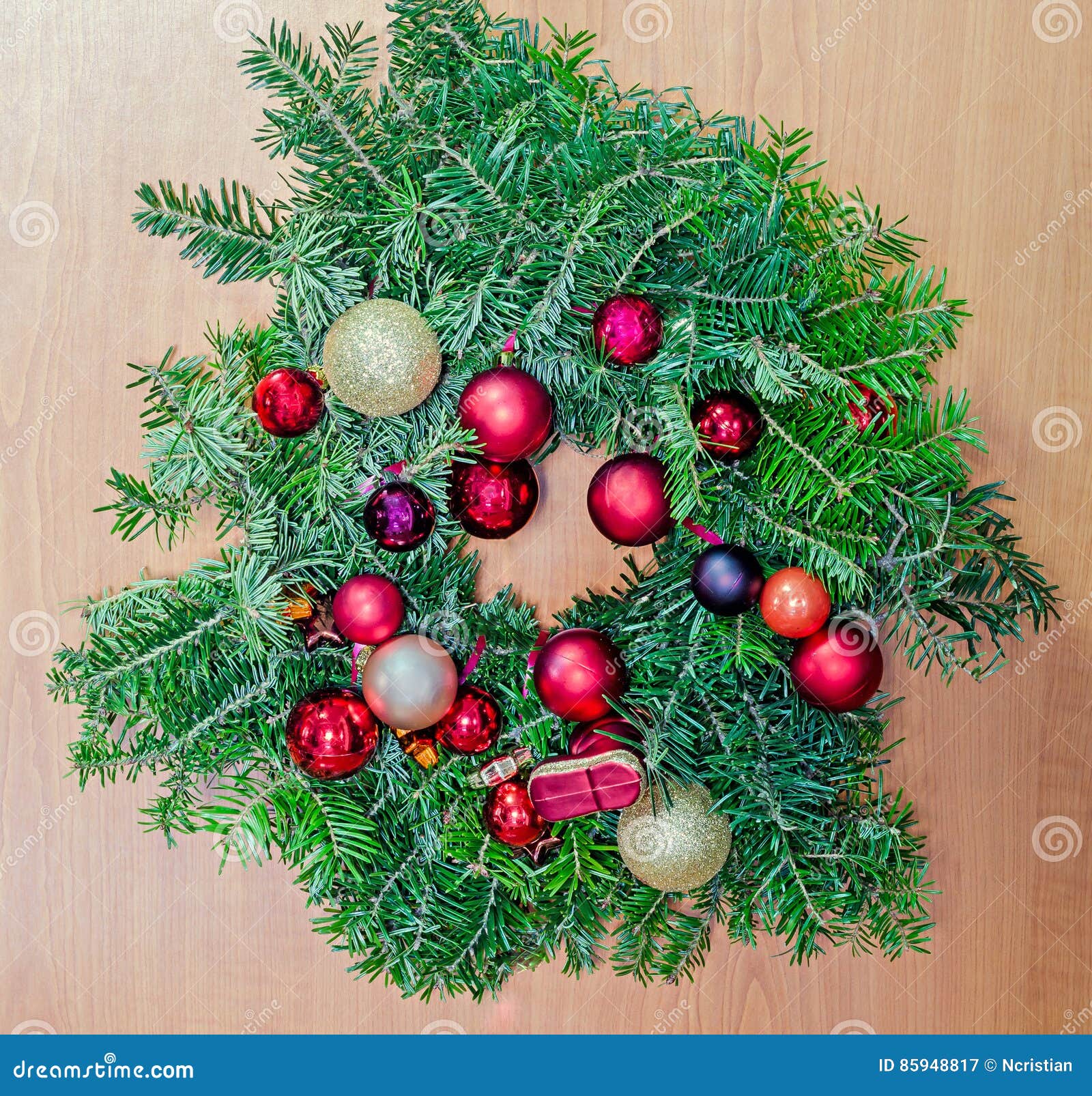 Round Crown Christmas Pine Tree with Globe Ornaments Close Up Stock ...
