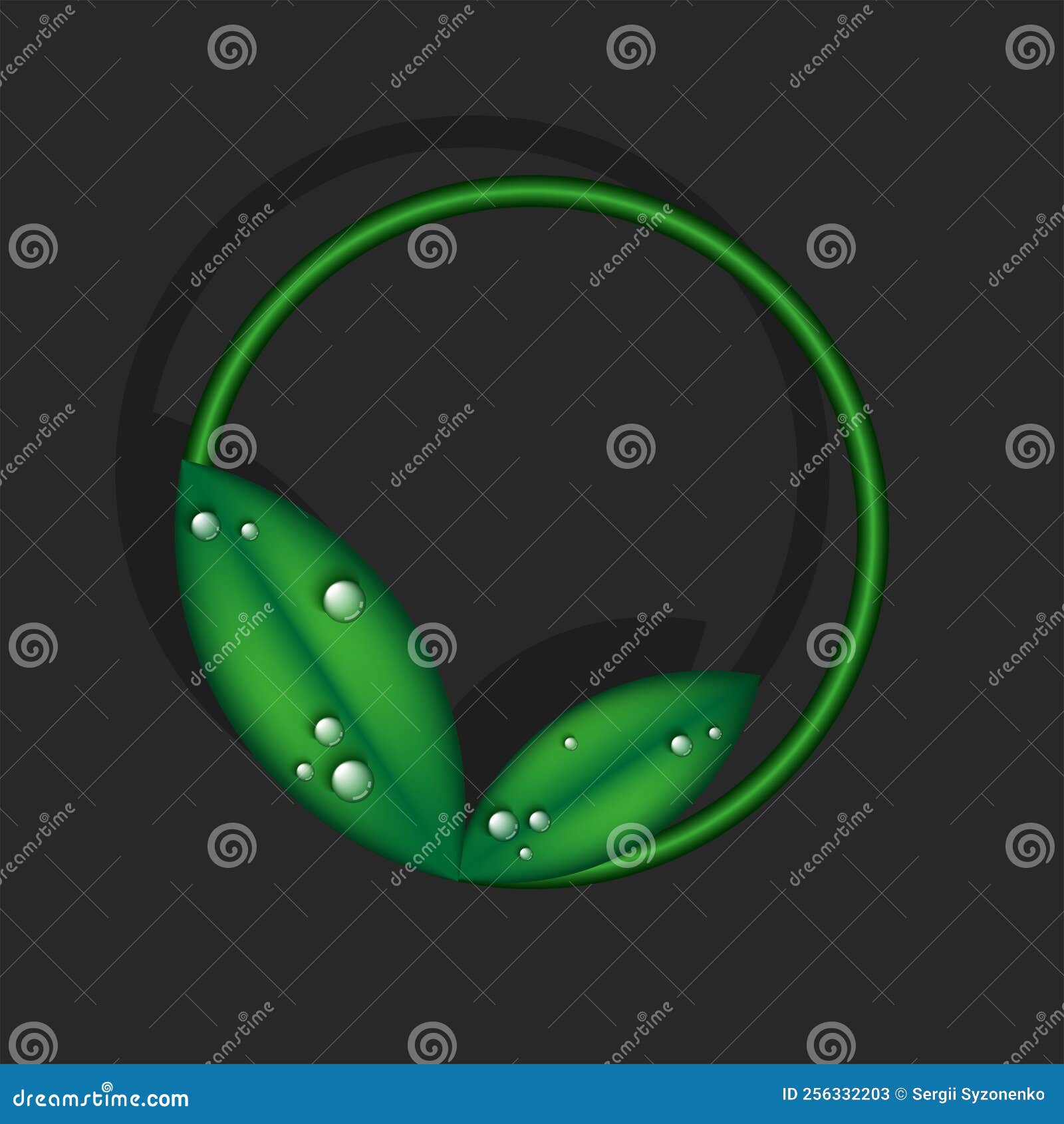 Round 3d Frame with Two Green Leaves and Realistic Dew Drops with ...
