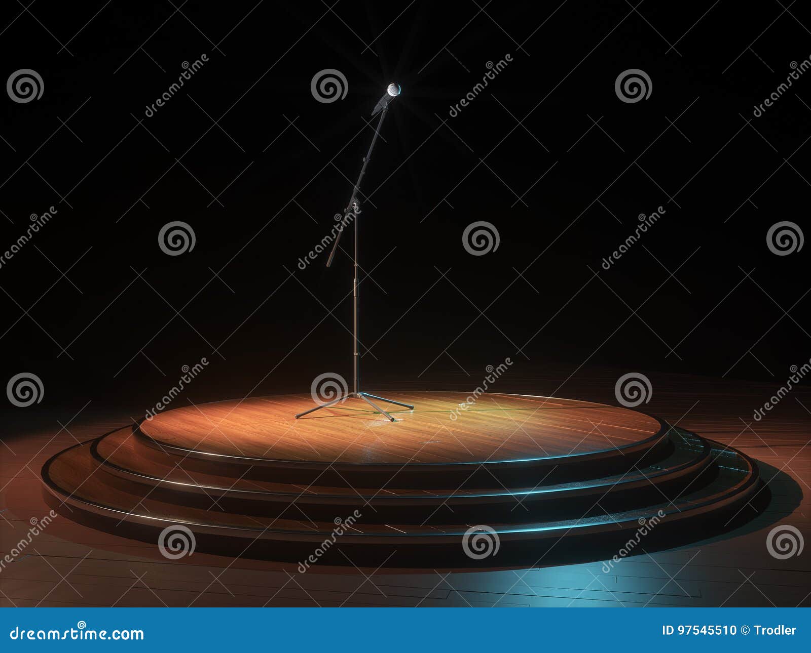 Round Dark Empty Stage and Microphone. 3d Render Stock Illustration ...