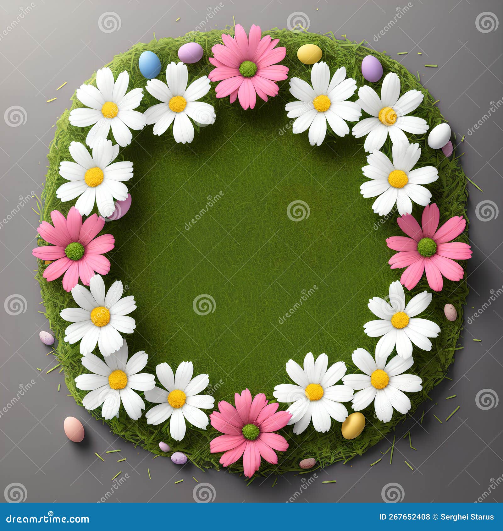 Round Decorative Frame with Daisies and Artificial Green Grass. AI ...