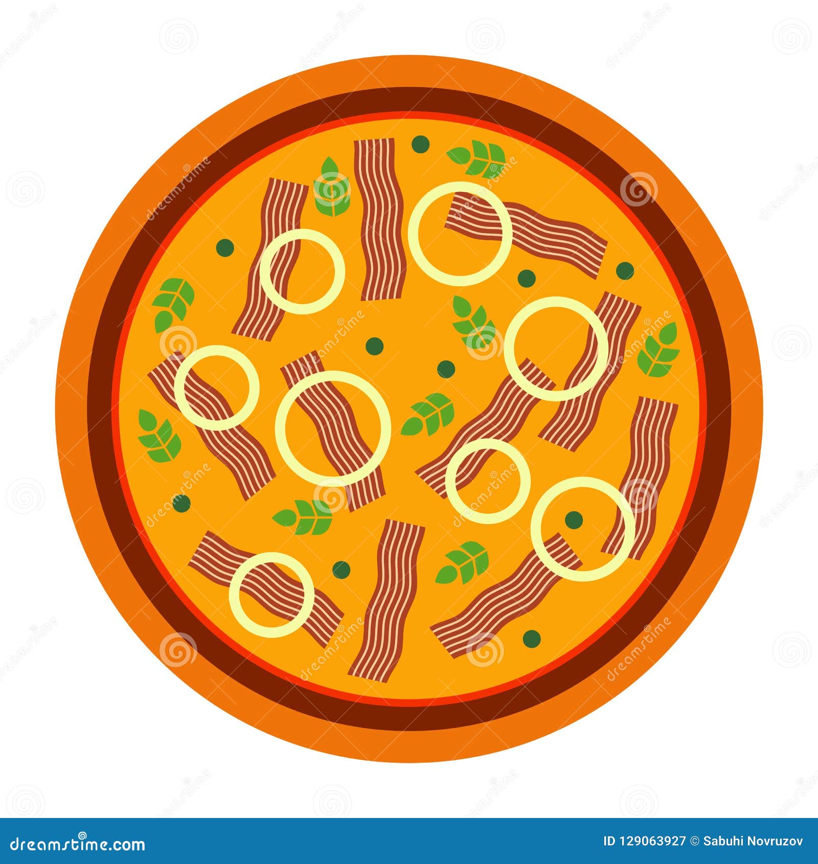Round Delicious Pizza with Bacon in Flat Style. Vector Illustration of ...