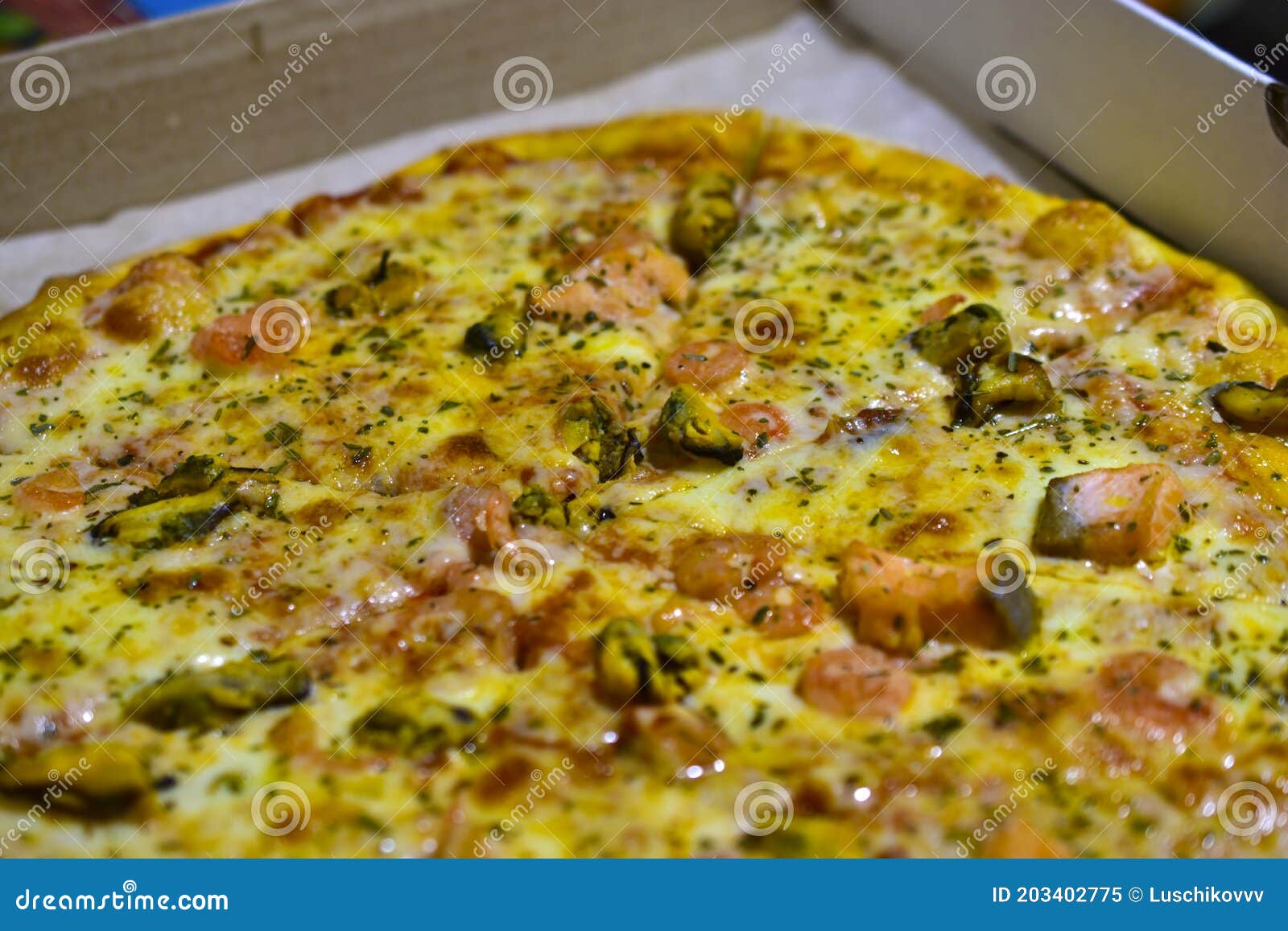 Round Delicious Sea Pizza with Seafood in a Box Stock Image - Image of ...