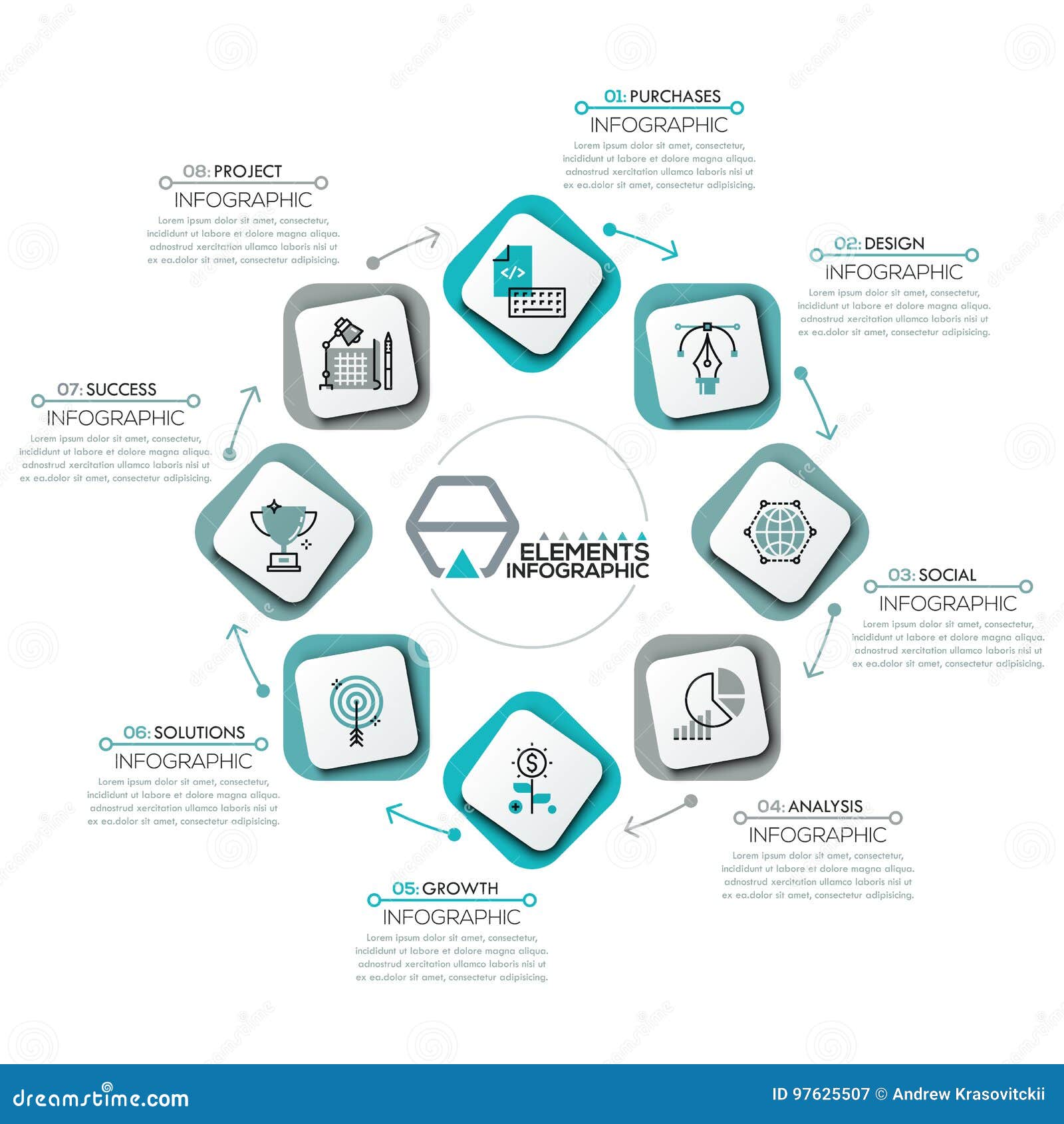 Round Diagram, 8 Rectangular Elements with Icons in Thin Line Style ...
