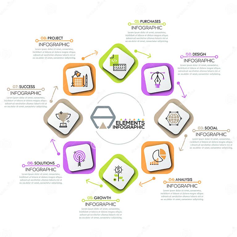 Round Diagram, 8 Rectangular Elements with Icons in Thin Line Style ...