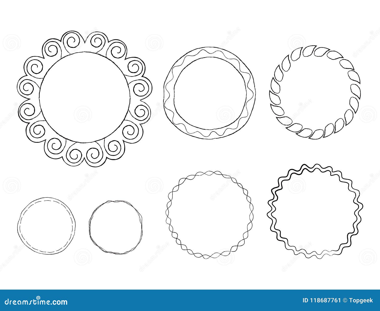 Round Doodle Line Art Frames Vector Set Stock Vector - Illustration of ...