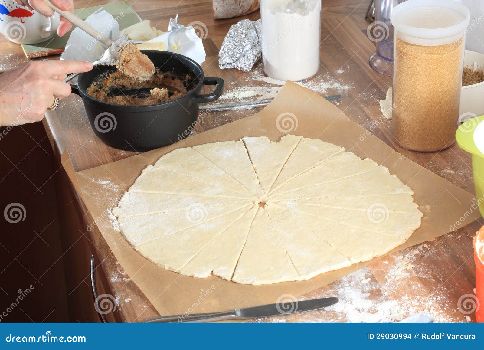 Round Dough Divided in Segments Stock Photo - Image of worktop, fills ...