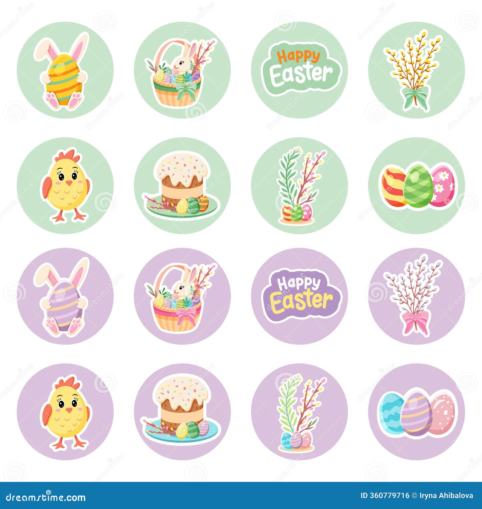 Round Easter Sticker Collection with Pastel Colors and Holiday Elements ...