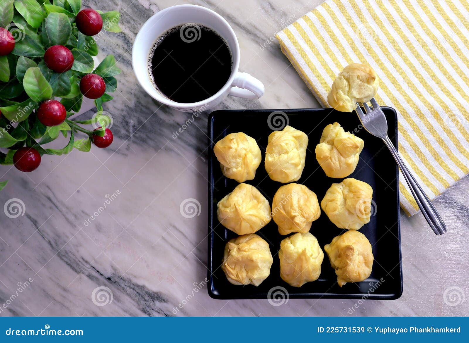 Round Eclairs with Cream on Black Plate. Stock Image - Image of roasted ...