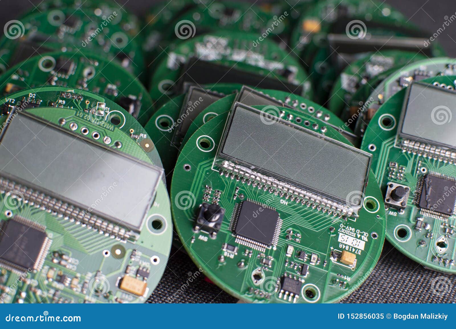 Round Electronic Boards with Display, Microchip and Processor, Many ...