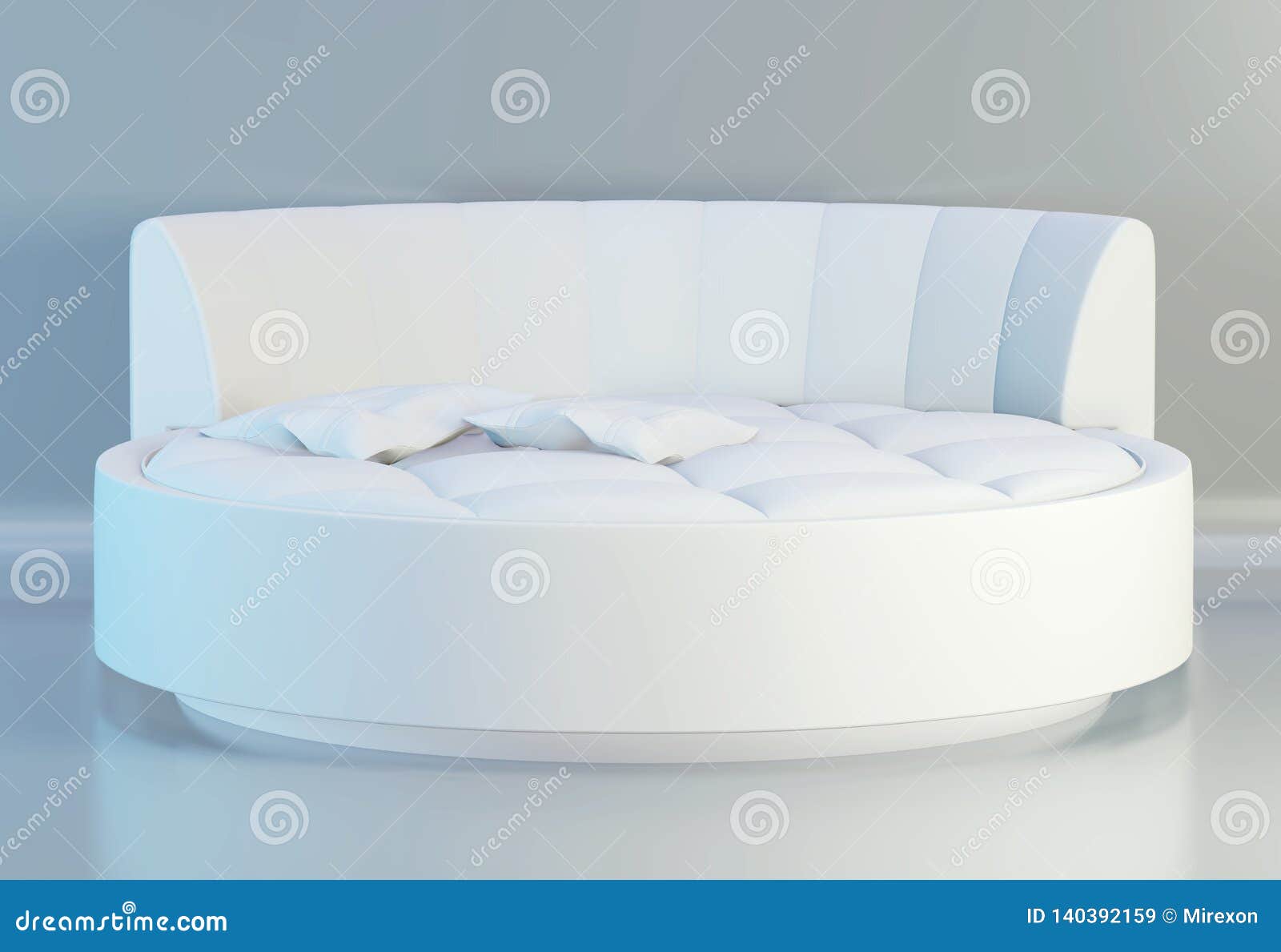 Round Elegant Bed with Soft White Pillows, Front View. 3d Rendering ...