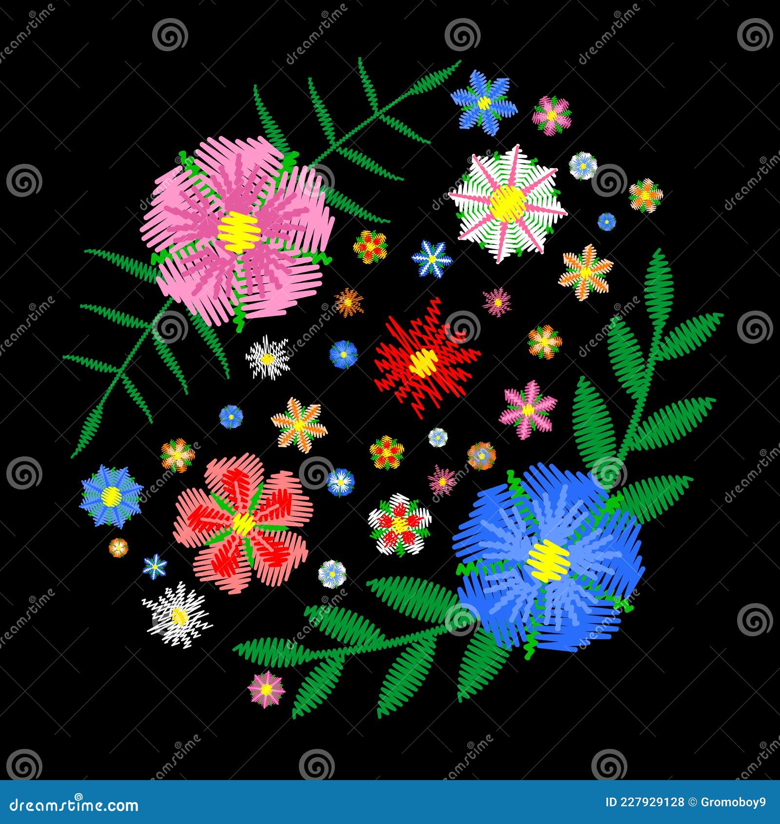 Round Embroidery Pattern with Flowers and Leaves. Vector Drawing on ...