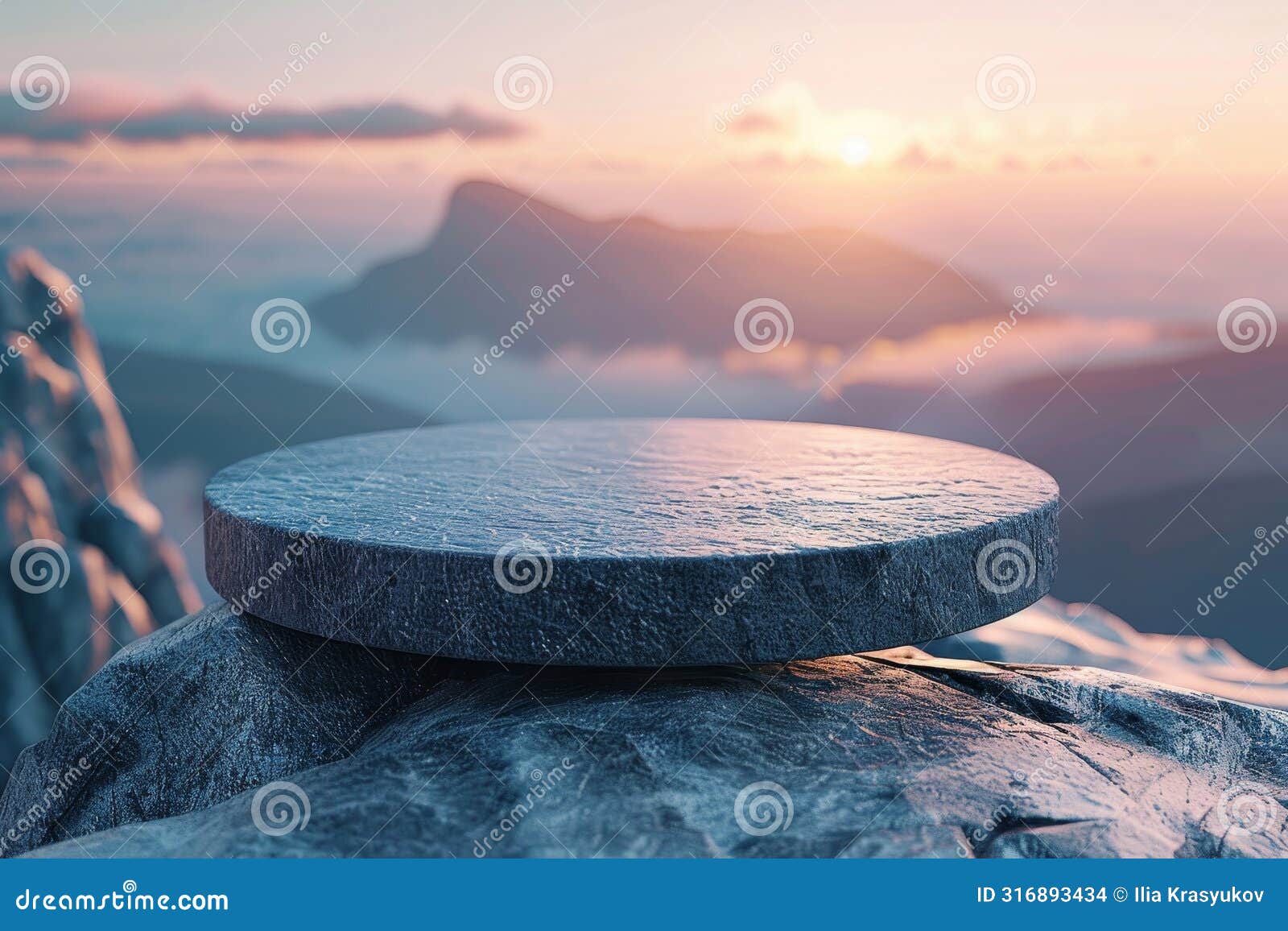 Round Empty Stone Podium with Mountain Dawn Background, Product Display ...
