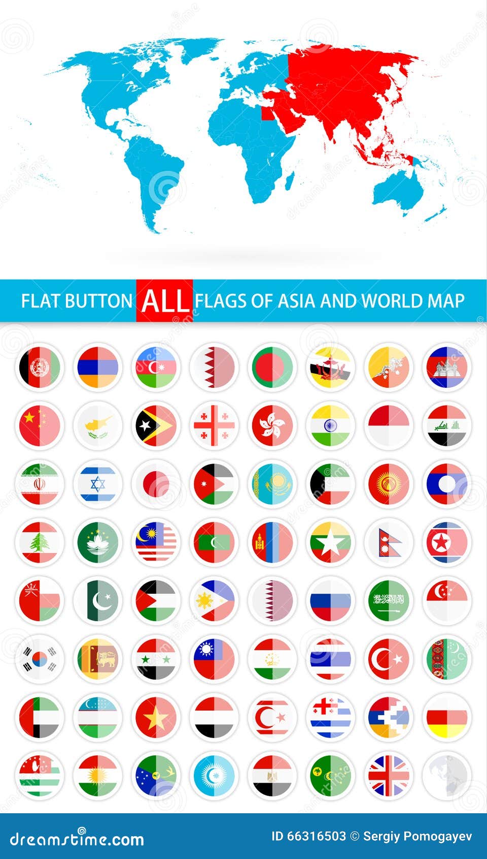 Round Flat Button Flags of Asia Complete Set and World Map Stock Vector ...