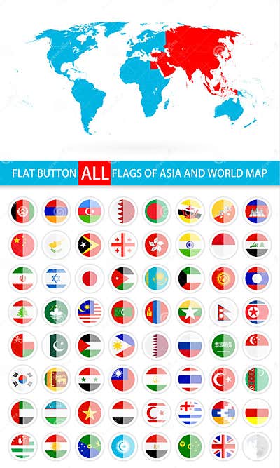 Round Flat Button Flags of Asia Complete Set and World Map Stock Vector ...