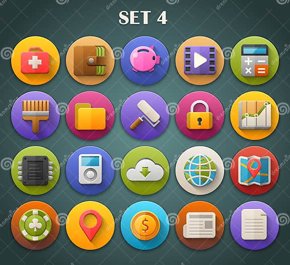 Round Flat Icons with Long Shadow Set 4 Stock Vector - Illustration of ...