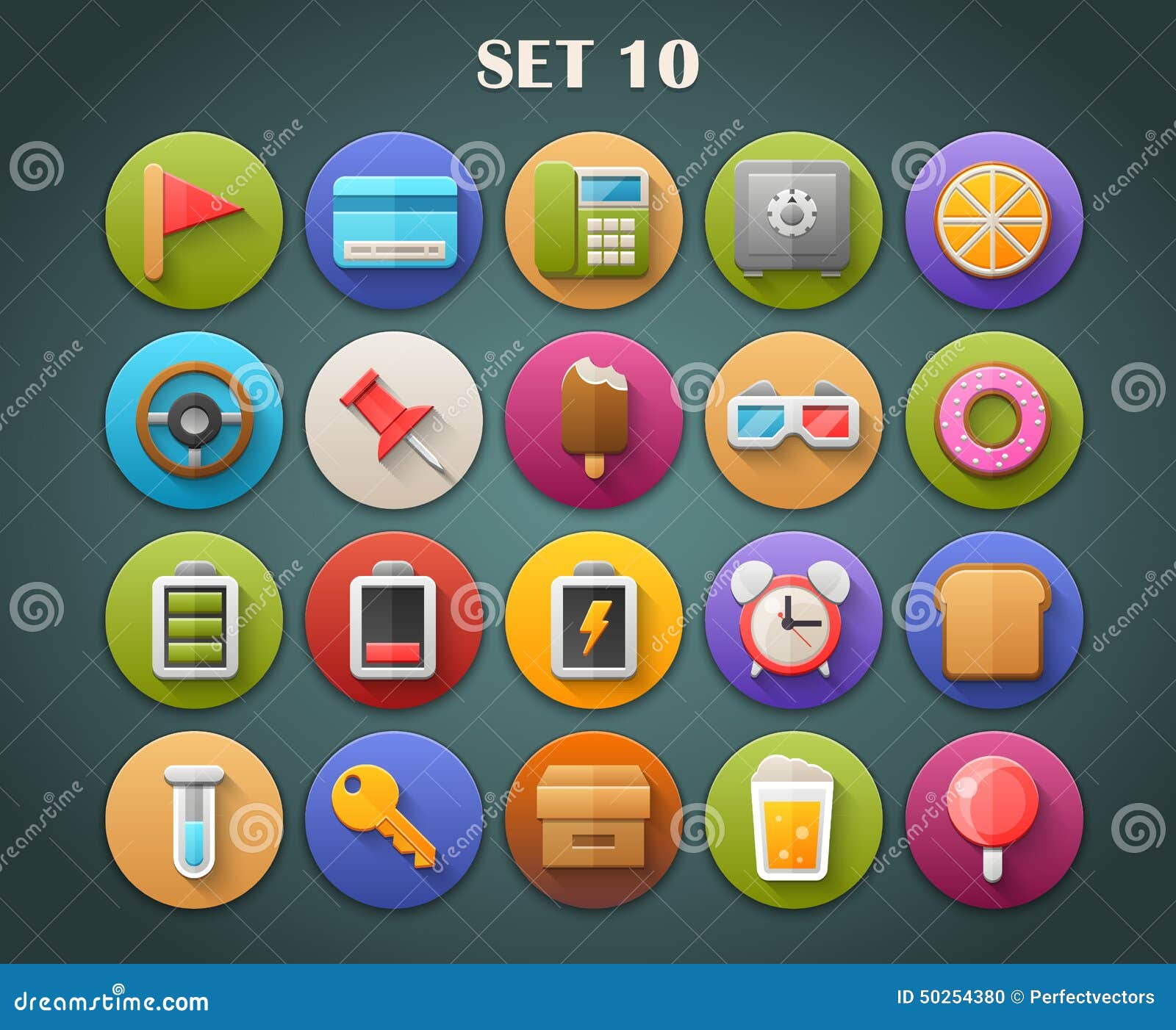 Round Flat Icons with Long Shadow Set 10 Stock Vector - Illustration of ...