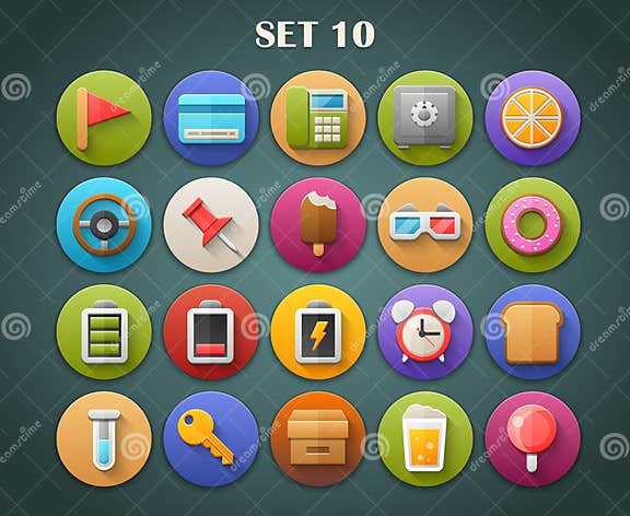 Round Flat Icons with Long Shadow Set 10 Stock Vector - Illustration of ...