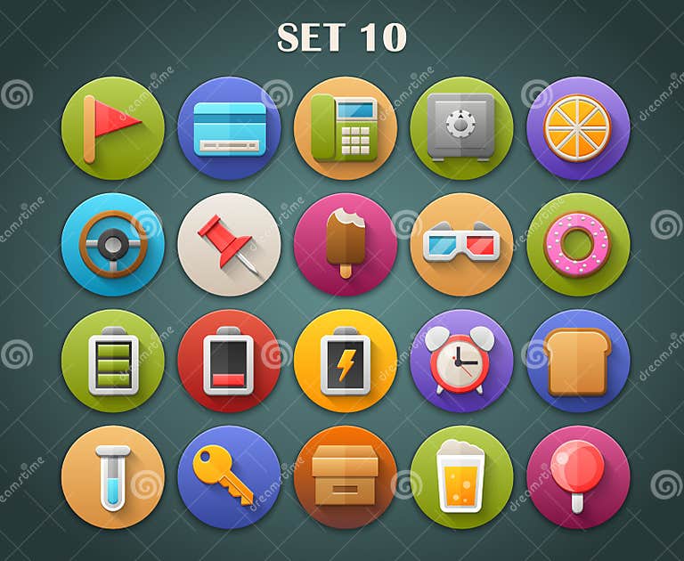 Round Flat Icons with Long Shadow Set 10 Stock Vector - Illustration of ...