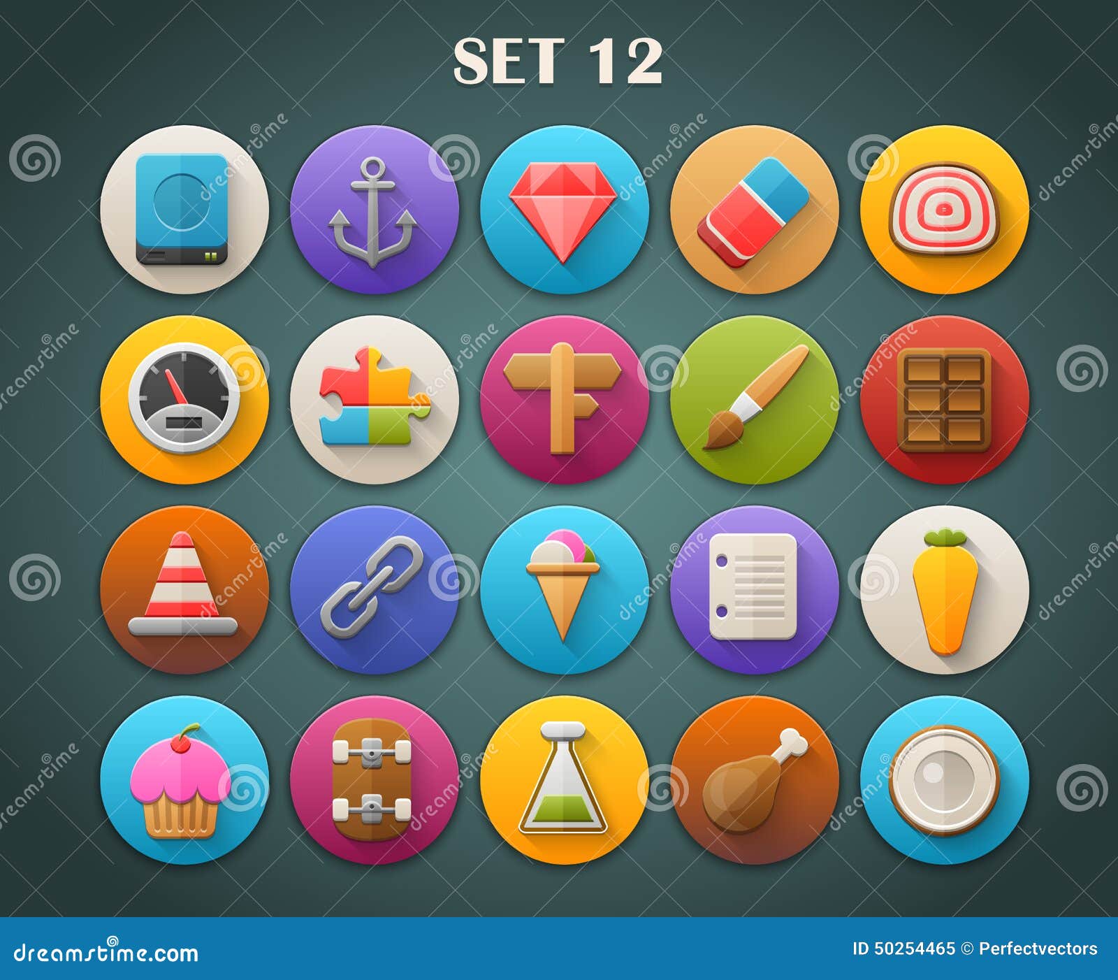 Round Flat Icons with Long Shadow Set 12 Stock Vector - Illustration of ...