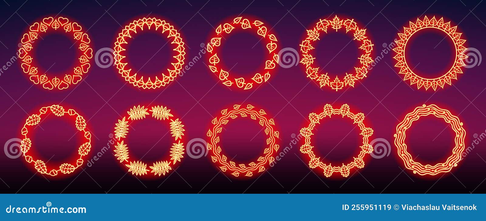 Round Floral Frames Autumn Set Red Neon Stock Illustration ...