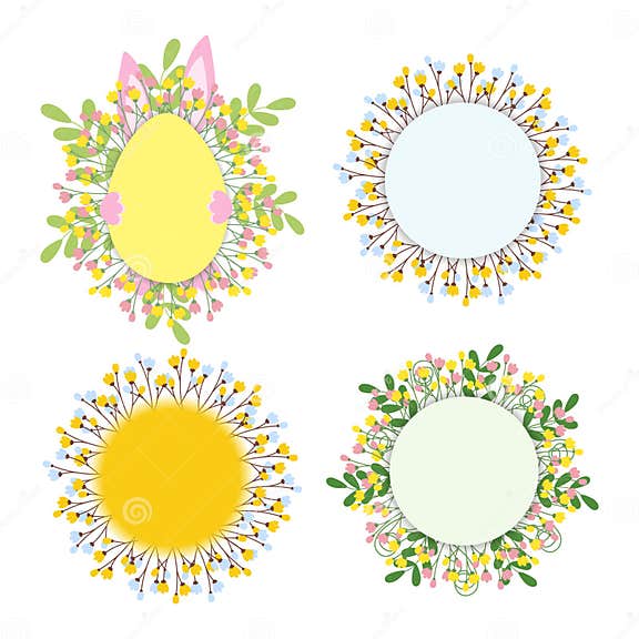 Round Floral Frames and Egg Shape Frame with Easter Bunny Hiding Behind. Set 4 Copy Space ...