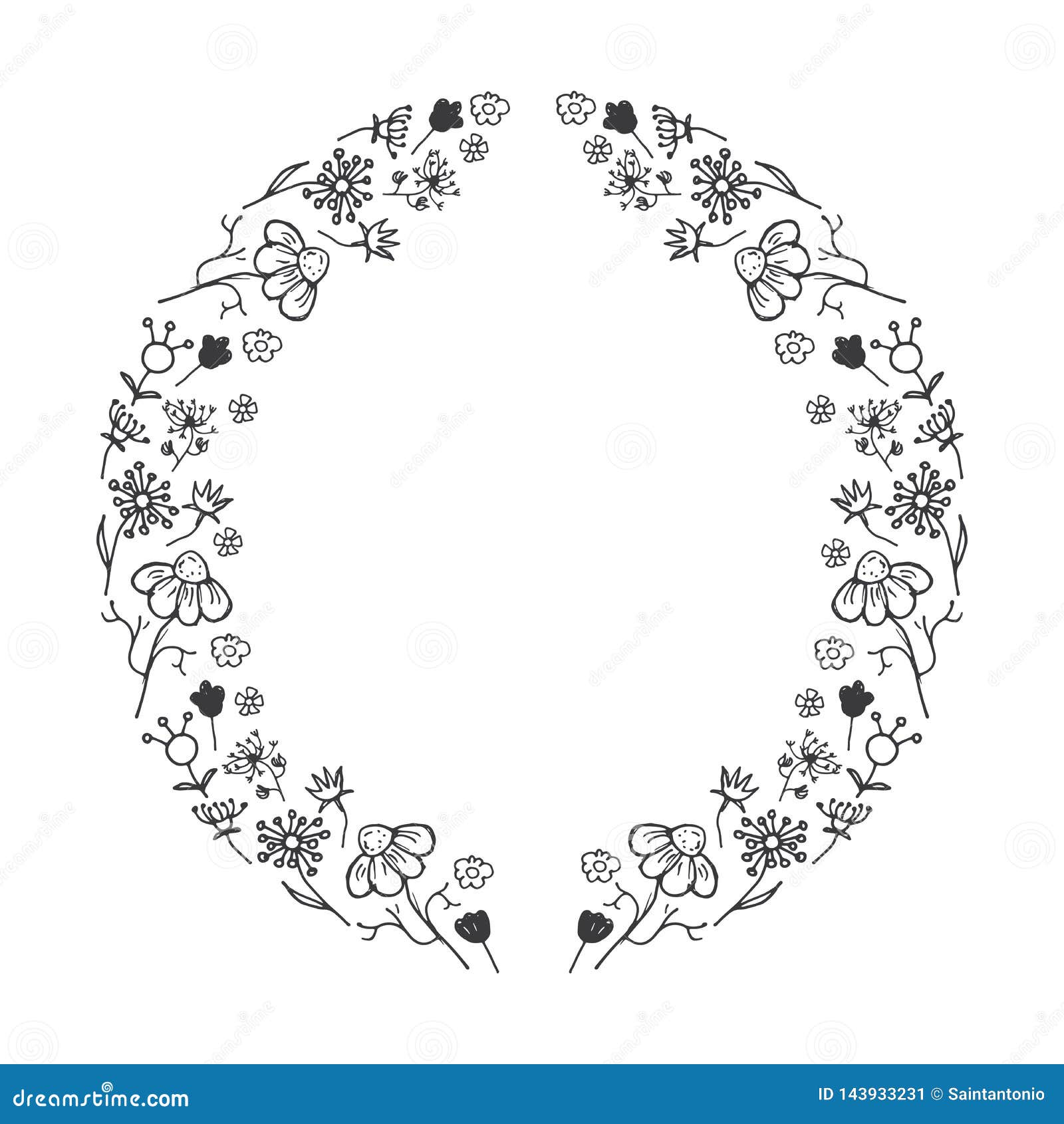 Round Flower Frame Hand Drawn Sketch Doodles. Vector Illustration Stock ...
