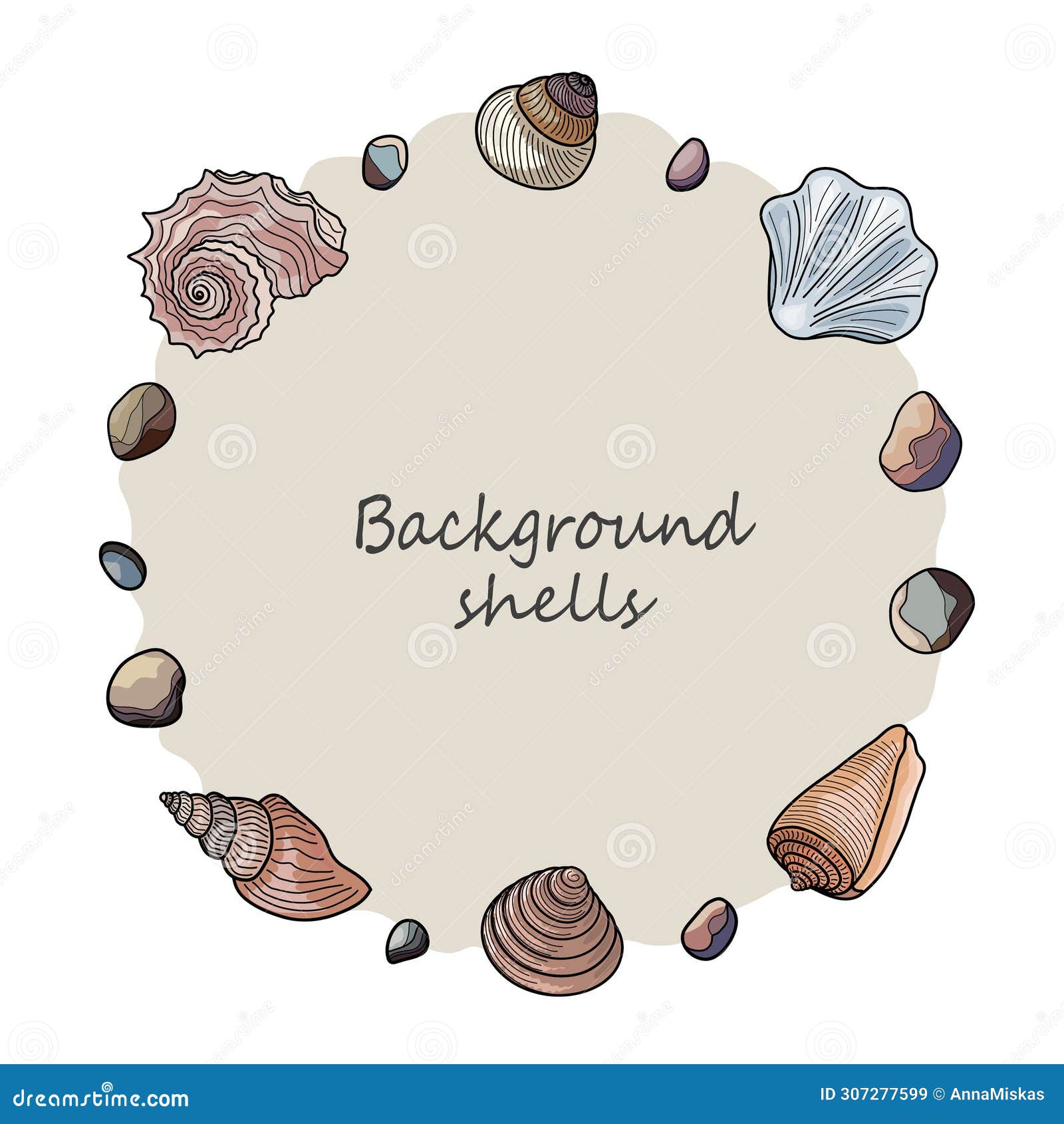 Round Frame and Background, Shells and Pebbles on the Sand. Stock ...