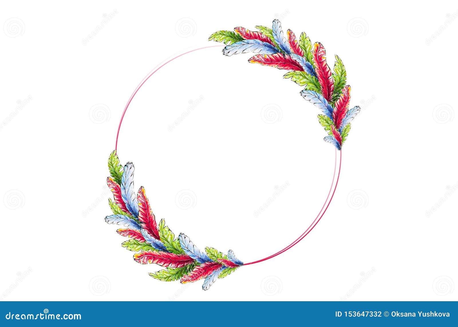 Round Frame of Bright Watercolor Feathers on a White Background Stock ...