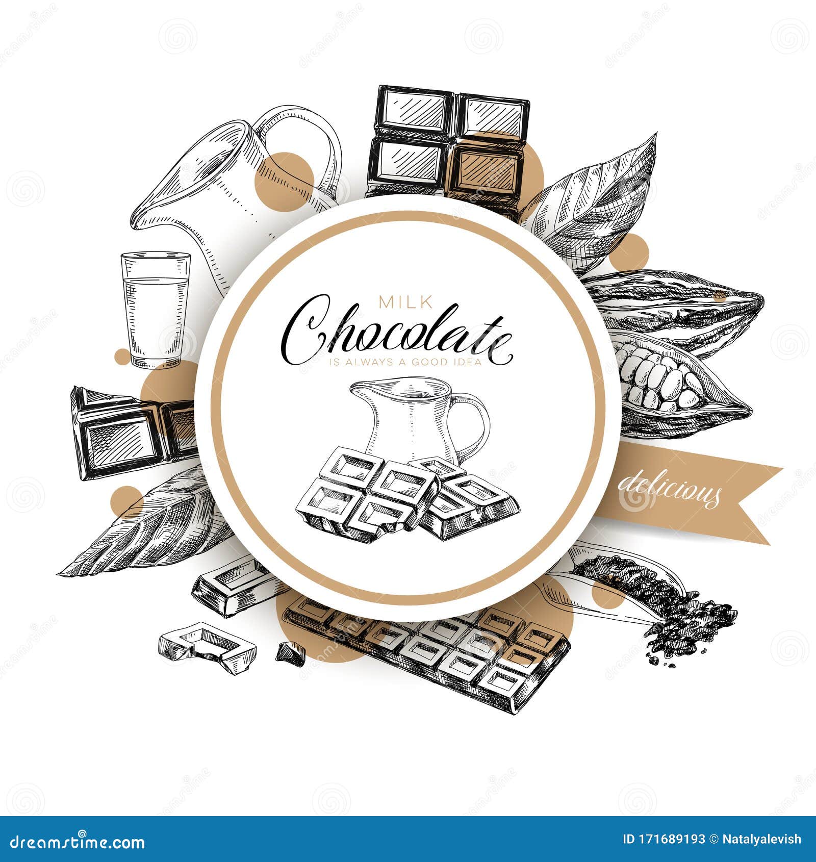 Round Frame for Chocolate Label, Cacao Dessert, Hand Drawn Vector ...