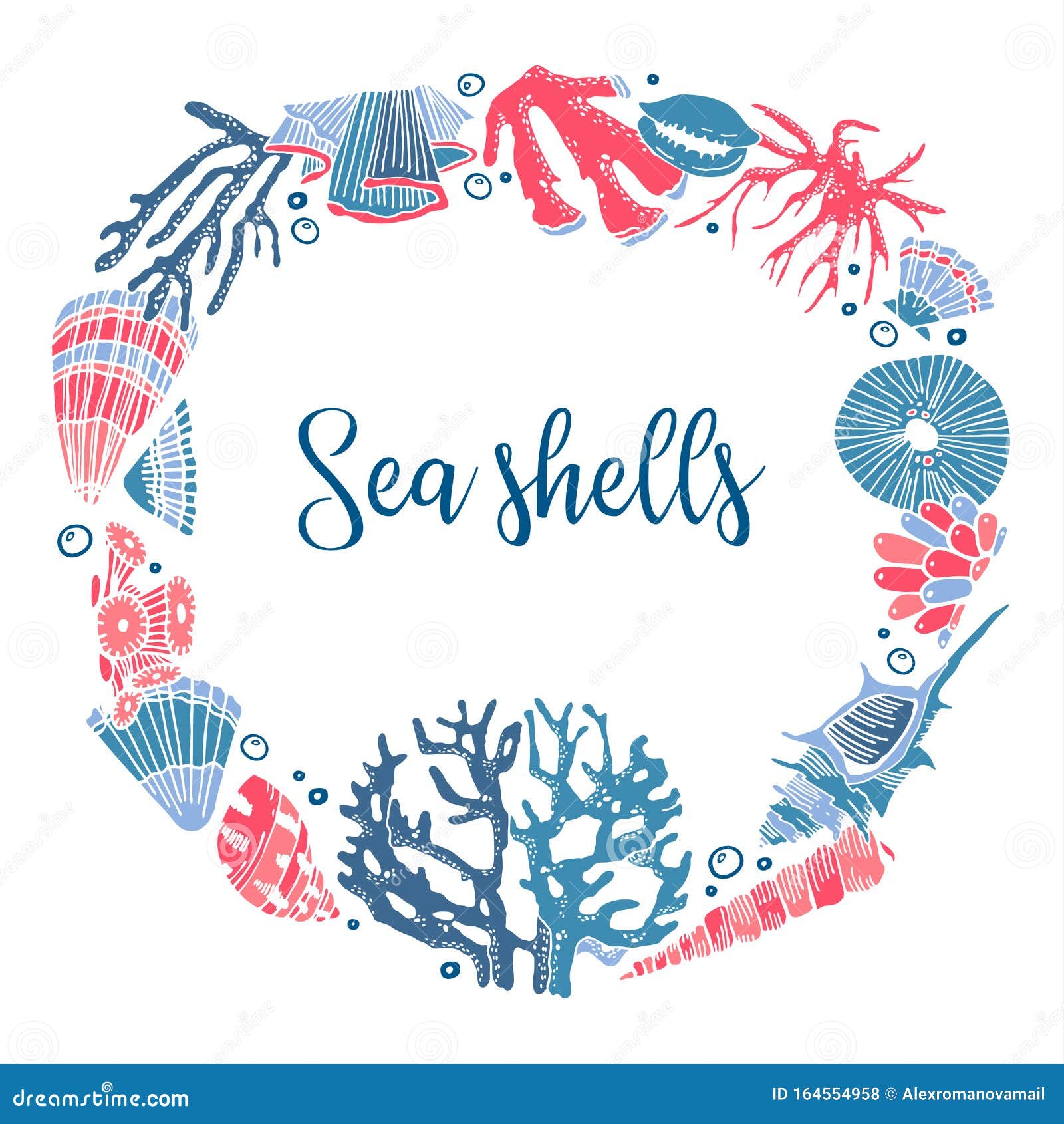 Round Frame with Corals and Shells. Hand Drawn Color Vector Cartoon ...