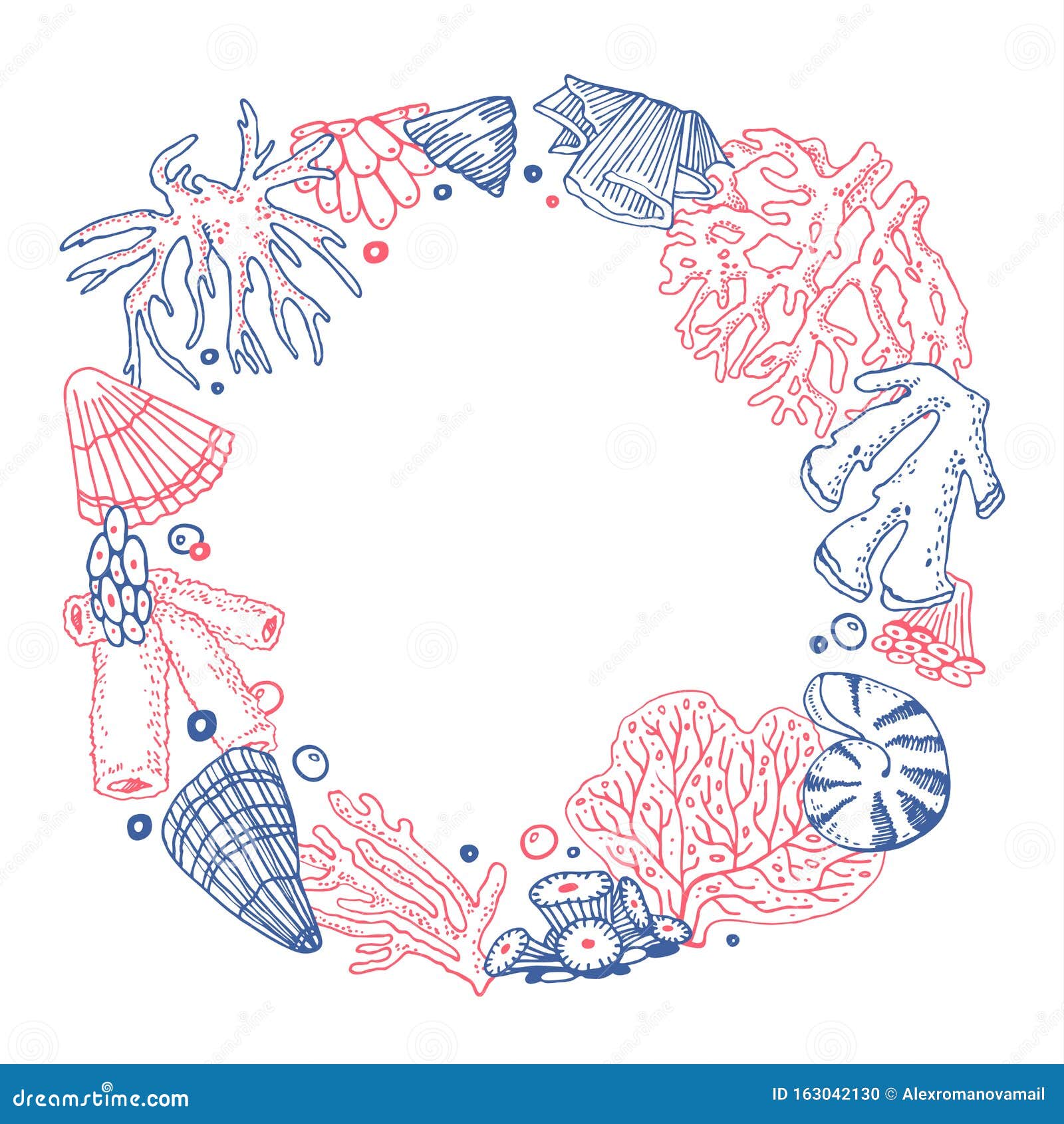 Round Frame with Corals and Shells. Hand Drawn Outline Vector Color ...