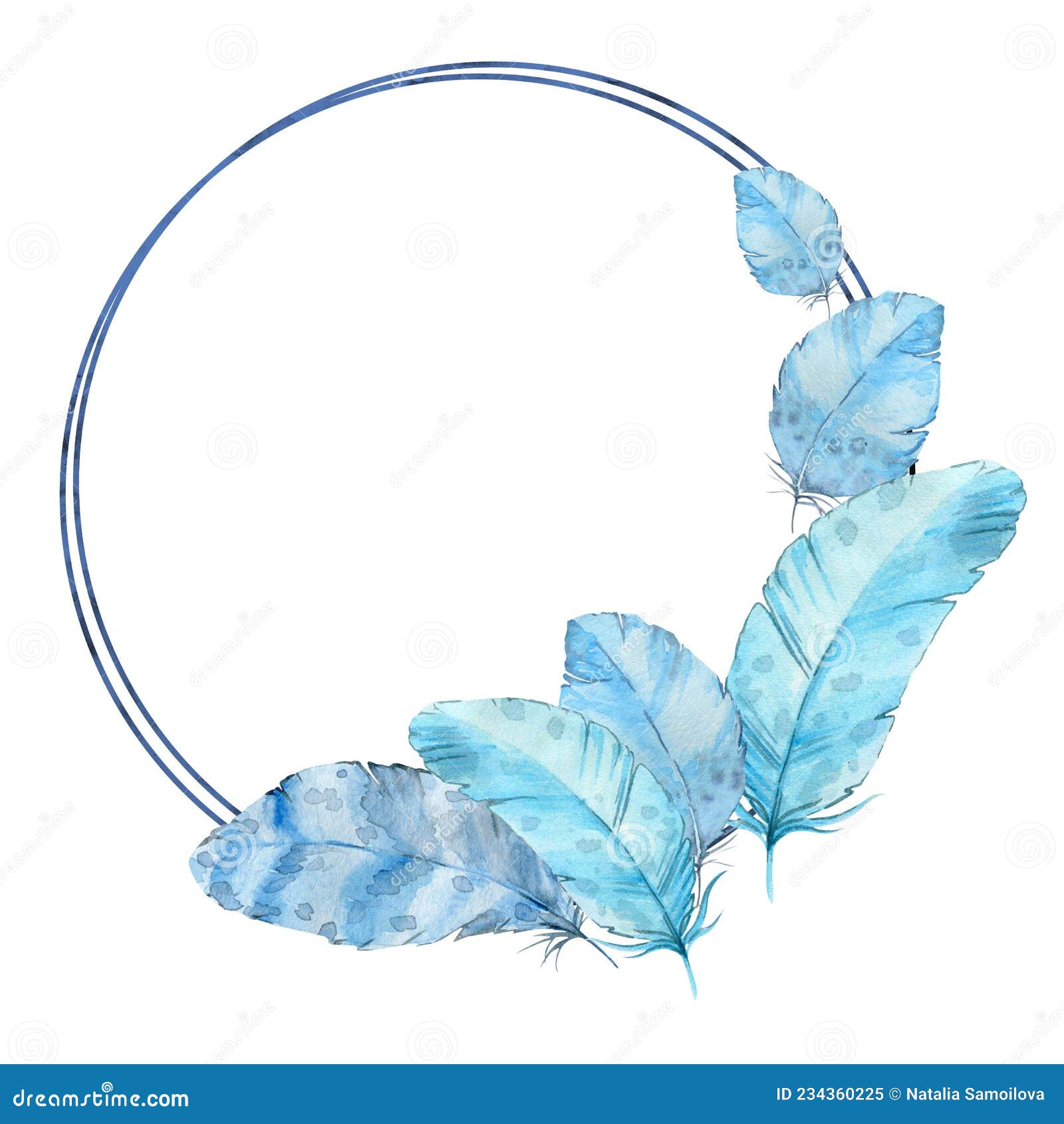 Round Frame with Delicate Blue Feathers on a White Background ...