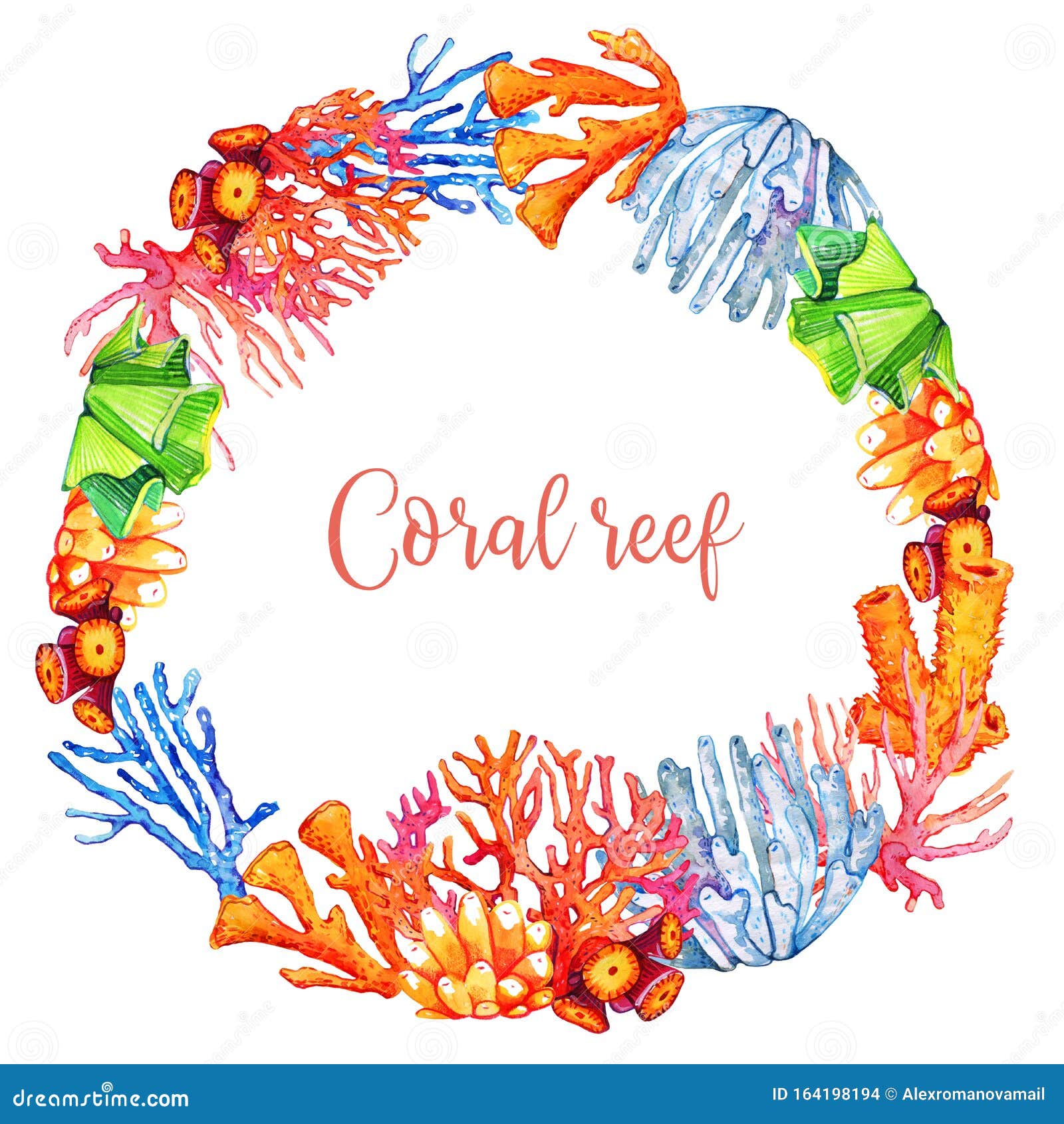 Round Frame Design Template with Different Corals. Hand Drawn ...