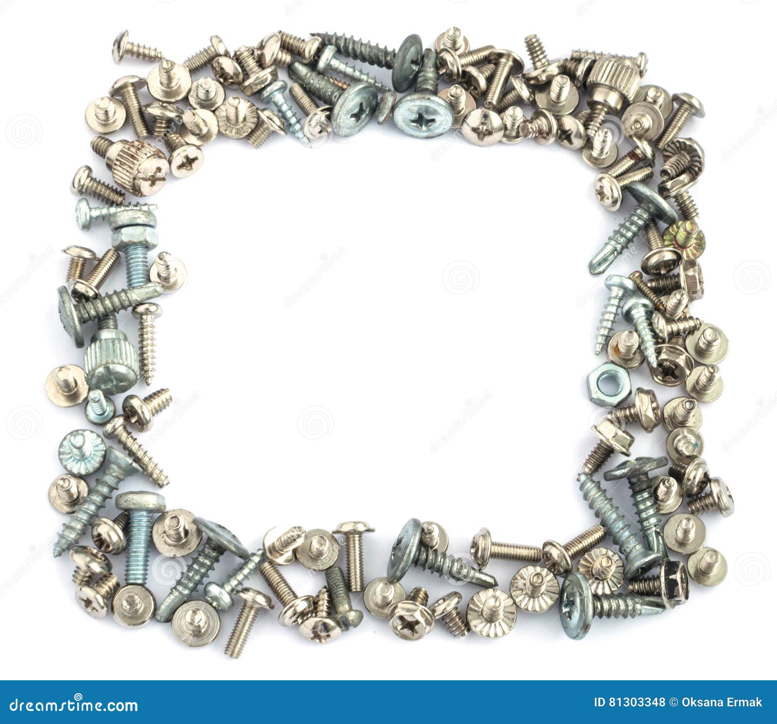 Round Frame of Different Screws and Bolts Isolated on White Background ...
