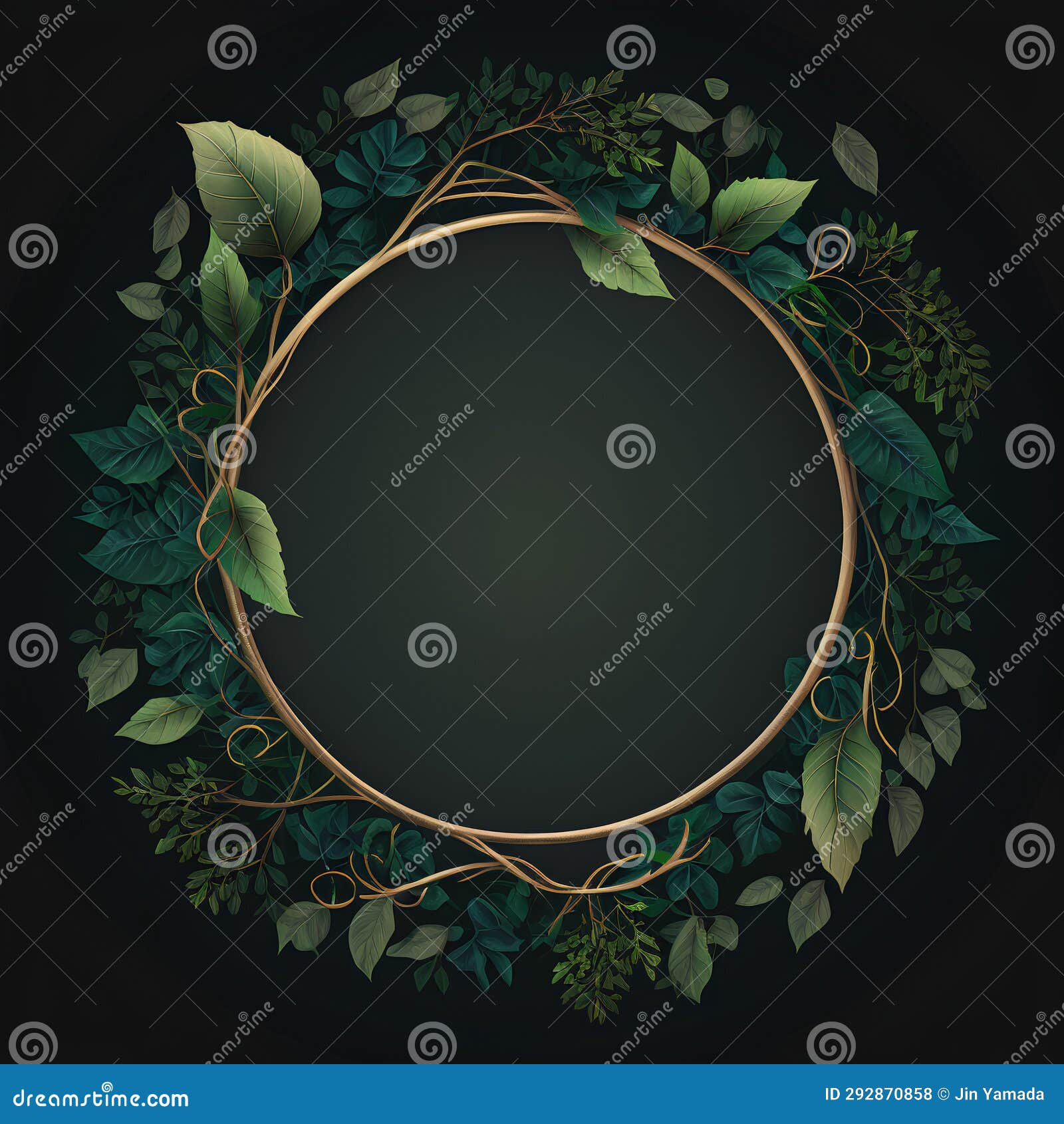 Round Frame with Green Leaves and Branches on Black Background. Vector ...