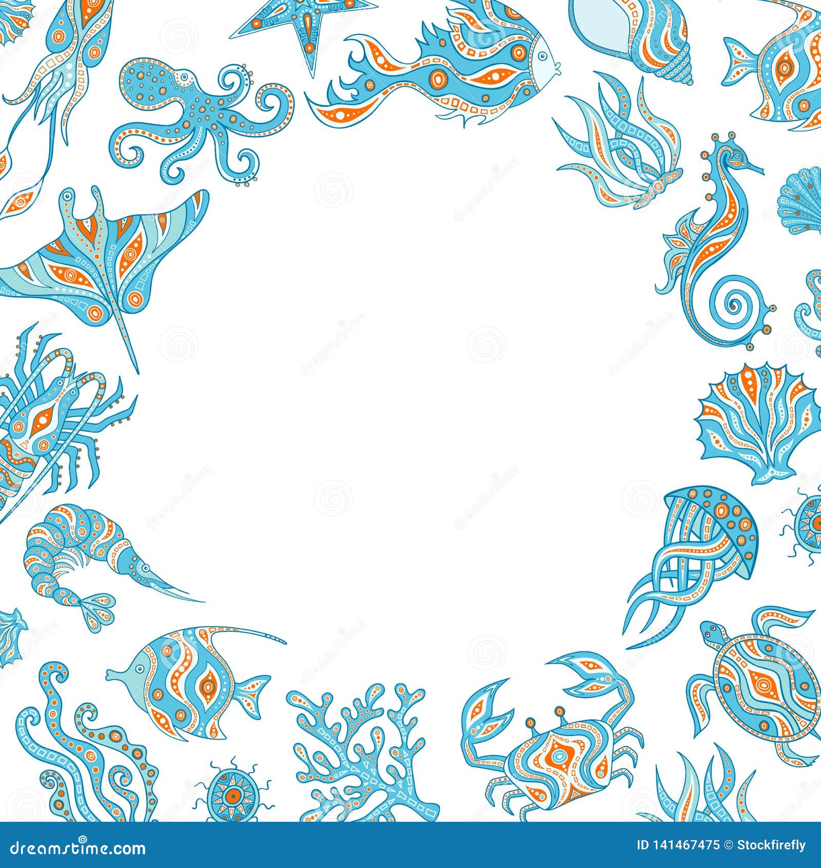 Round Frame from Hand-drawn Sea Dwellers. Vector Stock Vector ...