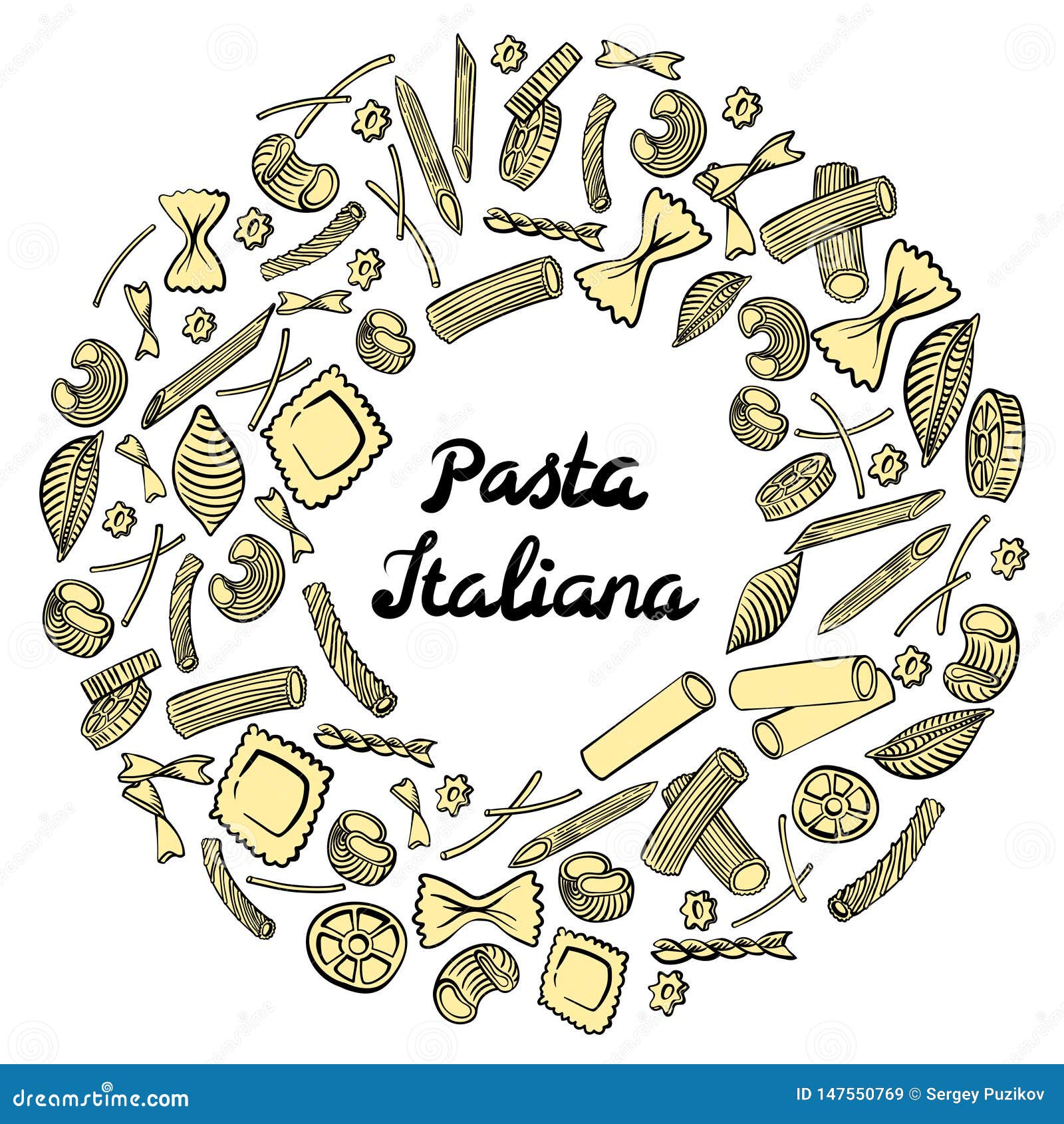 Round Frame with Italian Macaroni of Different Kinds. Colored Hand Draw ...