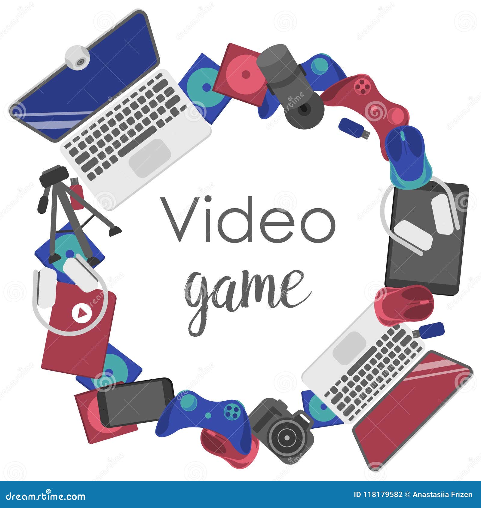 Round Frame with Joystick, Laptop, Computer Mouse, Webcam Stock Vector ...