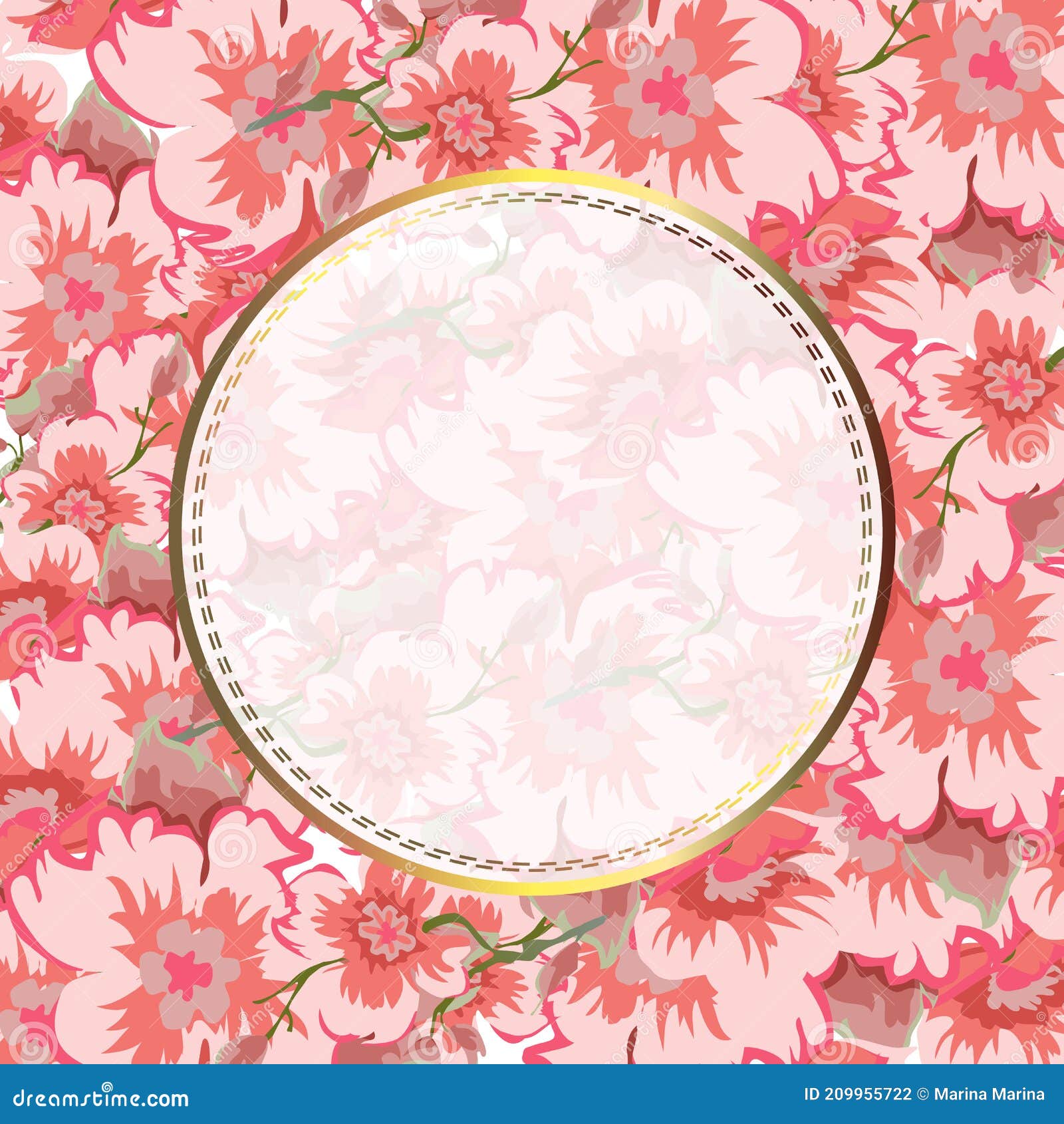 Round Frame with Leaves and Flowers on the Background. Pink Color, Flat ...