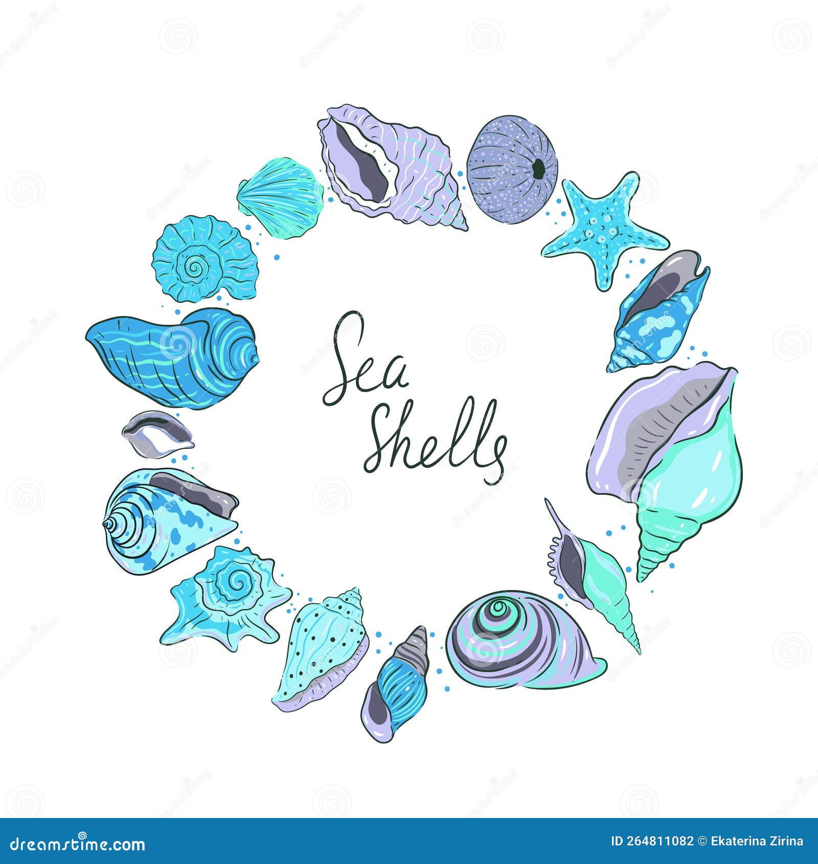 Round Frame Made of Blue Seashells Isolated on White Background. Vector ...
