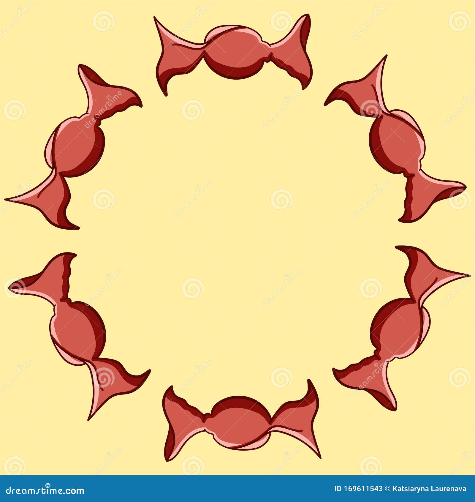 Round Frame Made of Candies in Red Wrapper on Yellow Background Stock ...