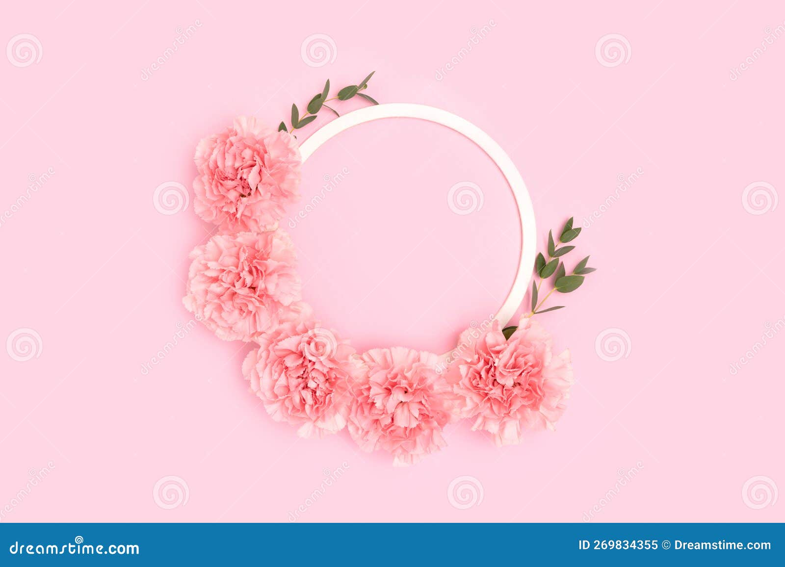 Round Frame Made Of Carnation Flowers And Green Eucalyptus Branches ...